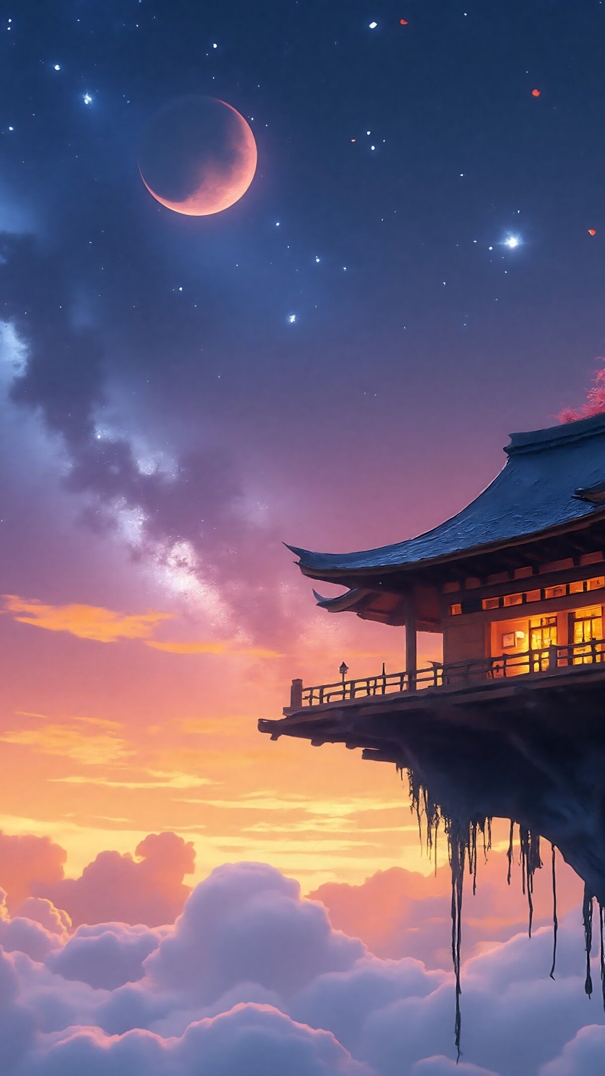 Moonlit Pagoda Above the Dusk Clouds in Anime Fantasy Style - backiee