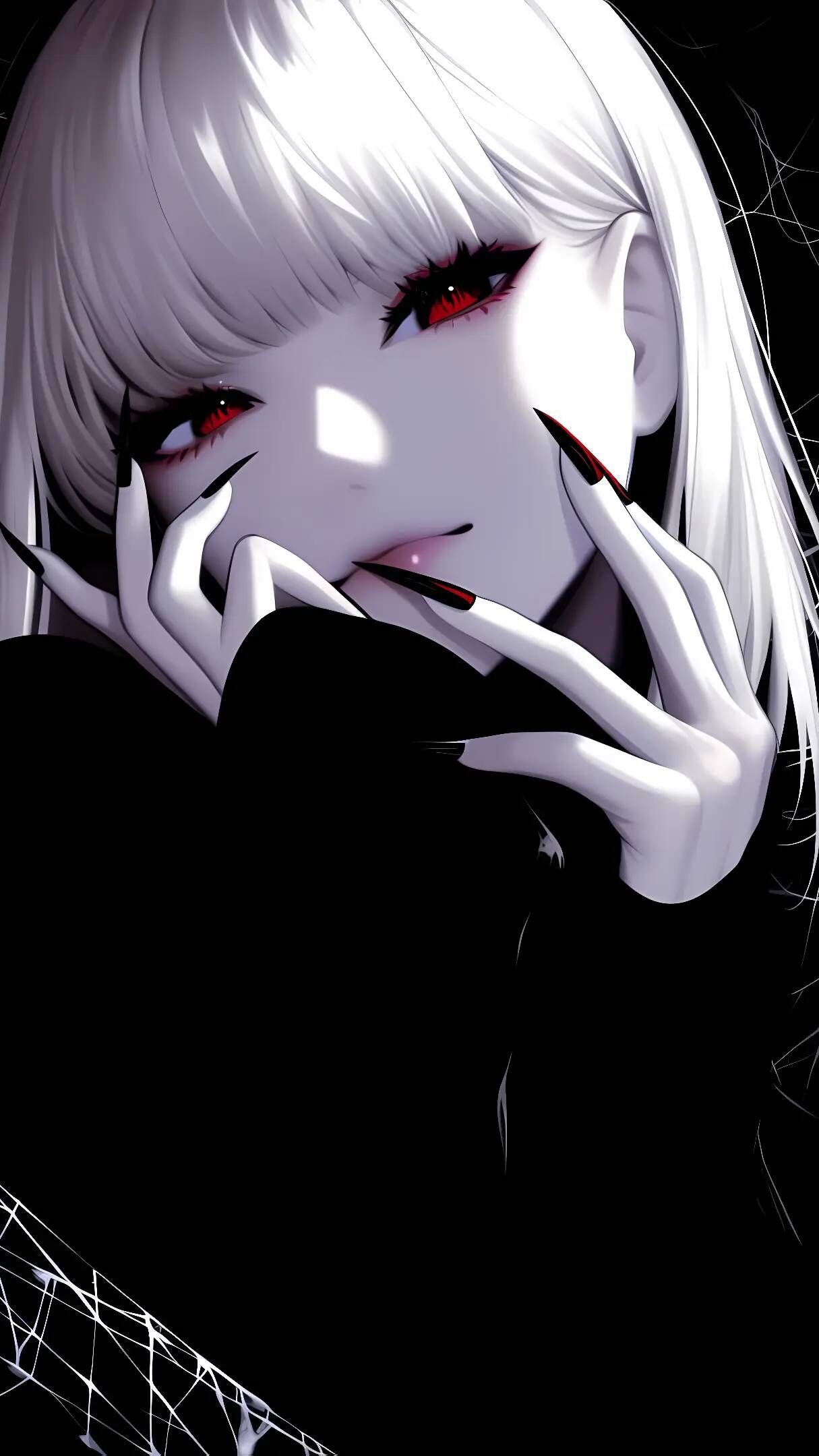 Crimson Eyed Gothic Anime Girl in Monochrome Darkness - backiee
