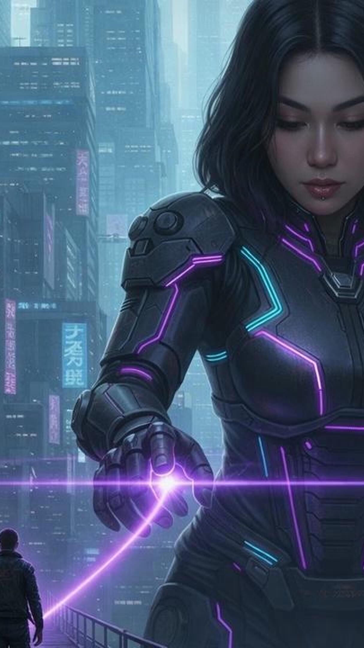 Neon Titan Heroine Over Cyberpunk Cityscape in 4K - backiee