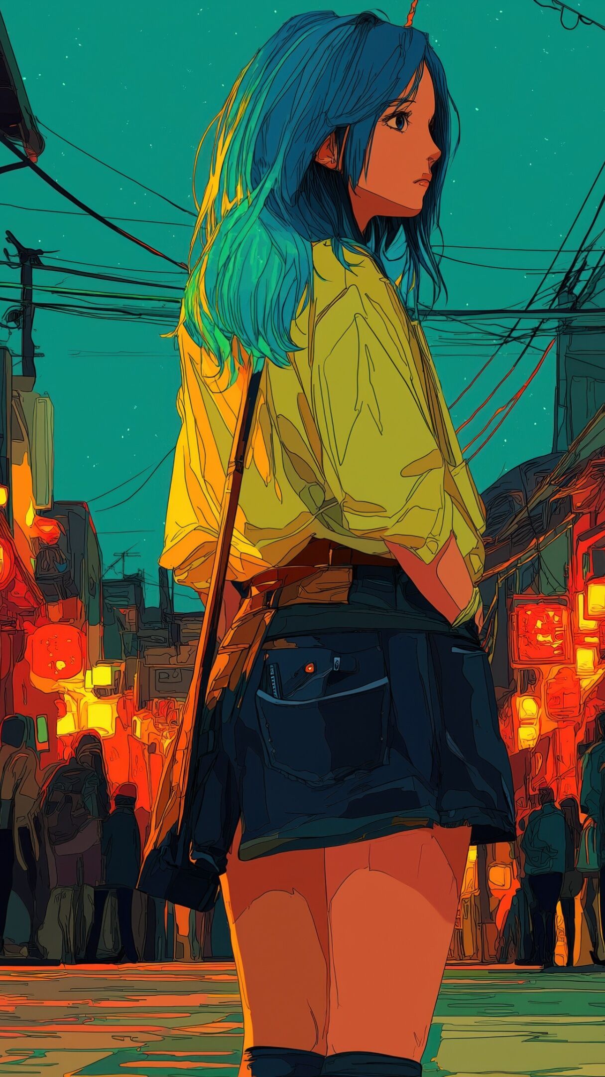 Neon Alley Reverie Blue Haired Anime Girl at Dusk in 4K - backiee