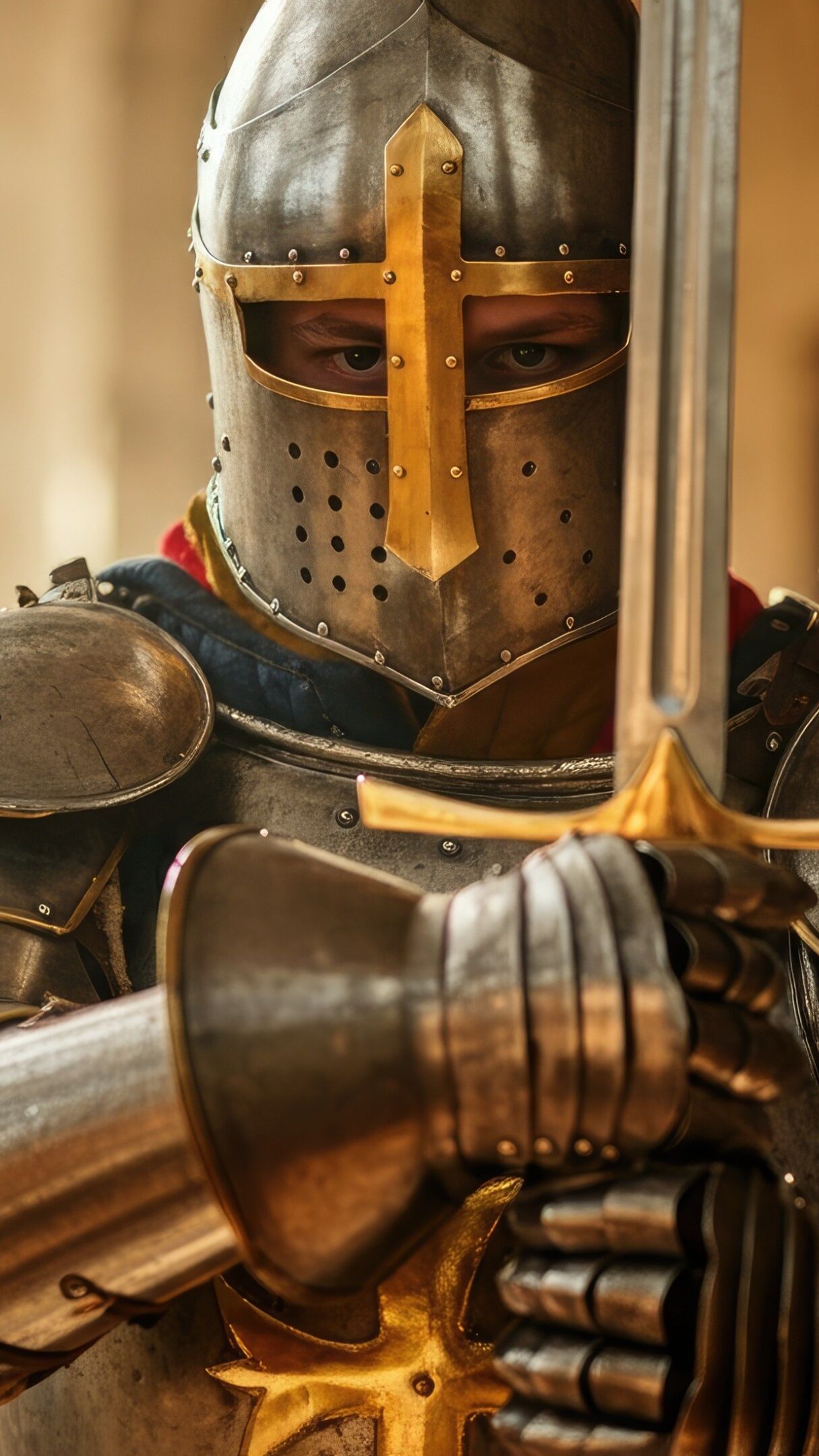 Golden Cross Helm Knight in Sunlit Medieval Hall - backiee