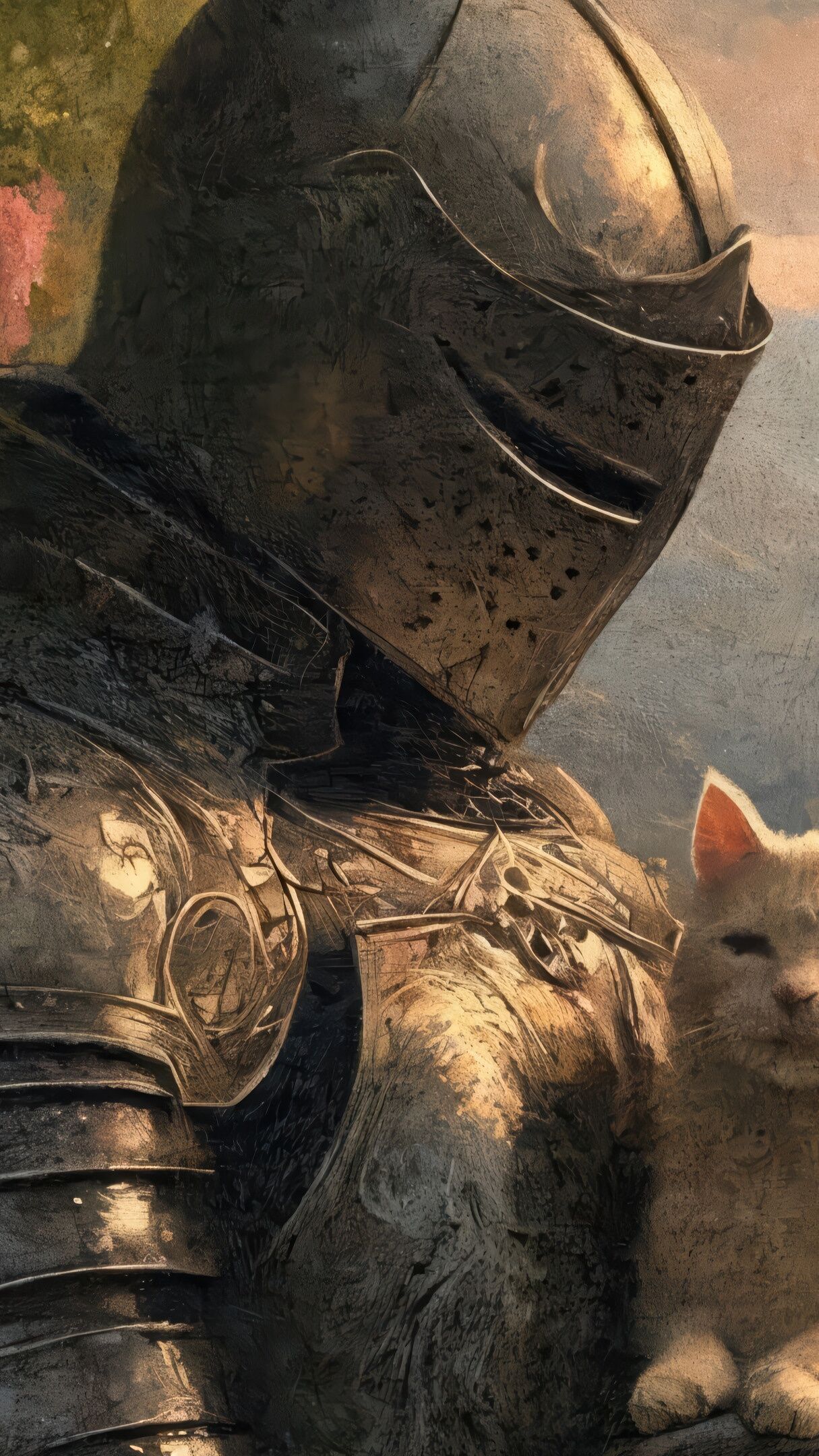 Armored Knight and White Cat Companion in Spring Blossom Calm - backiee
