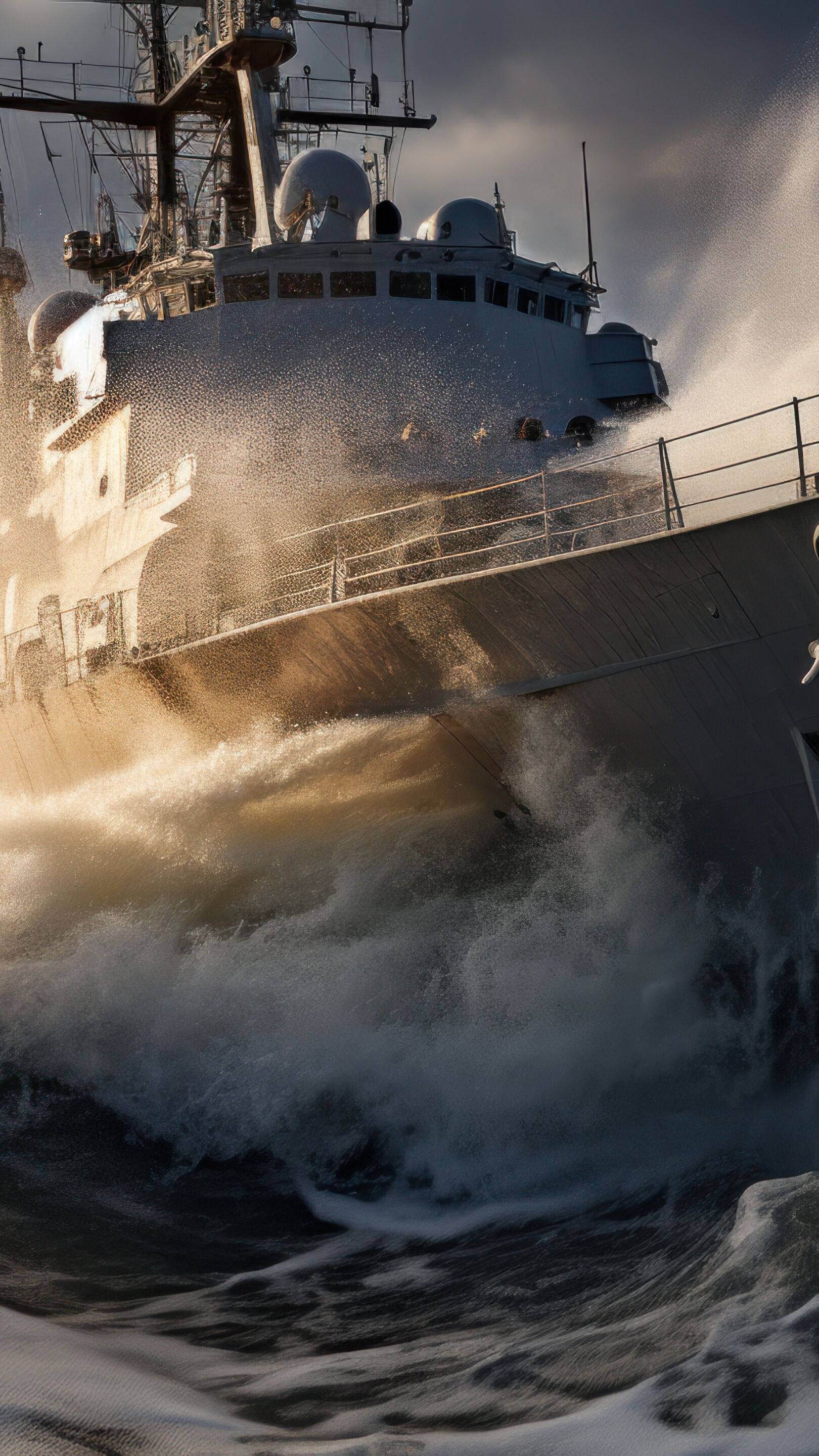 Stormy Seas Commanding Presence of a Mighty Warship - backiee