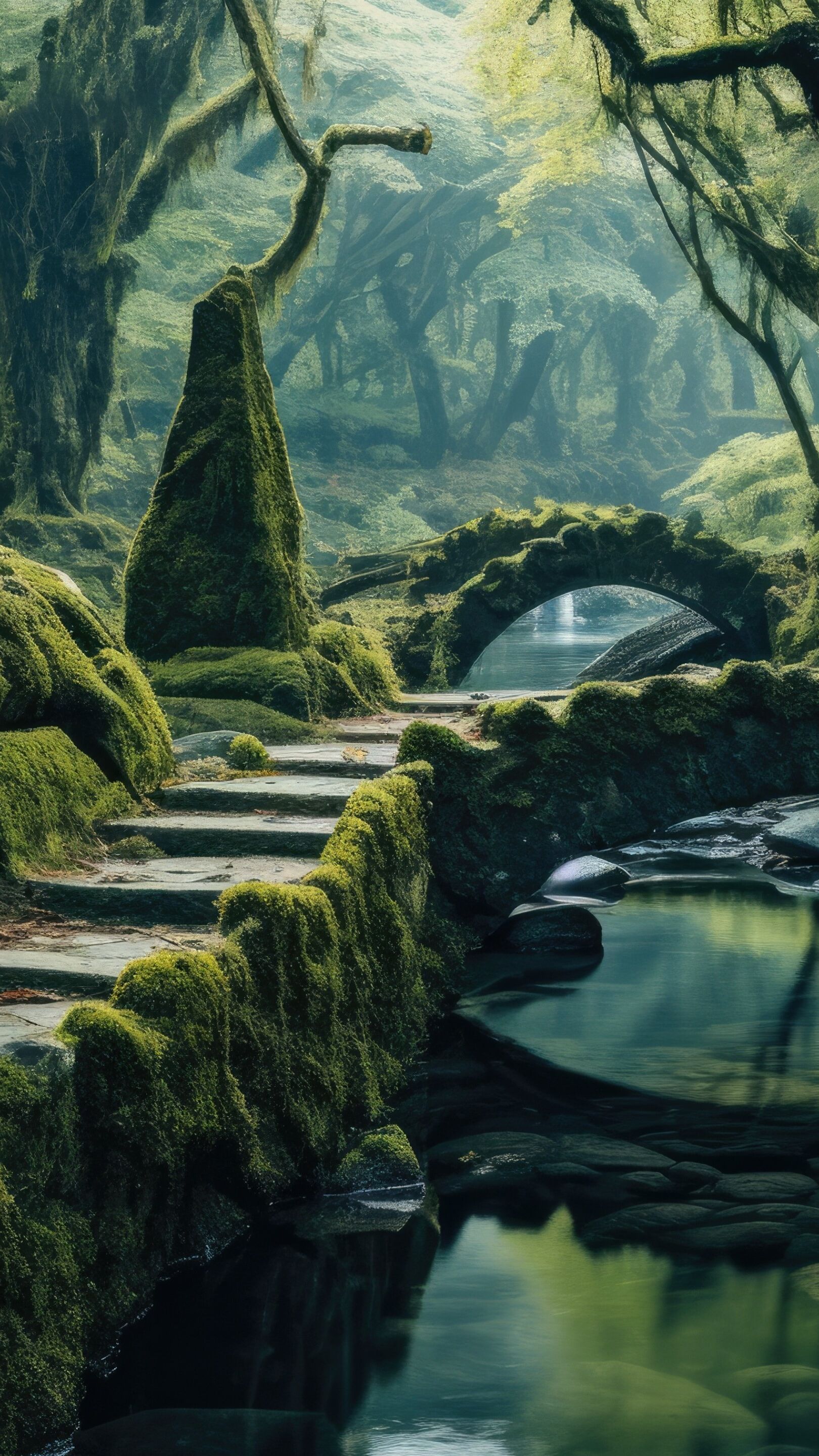 Mossy Forest Dreamscape with Stone Bridges - backiee