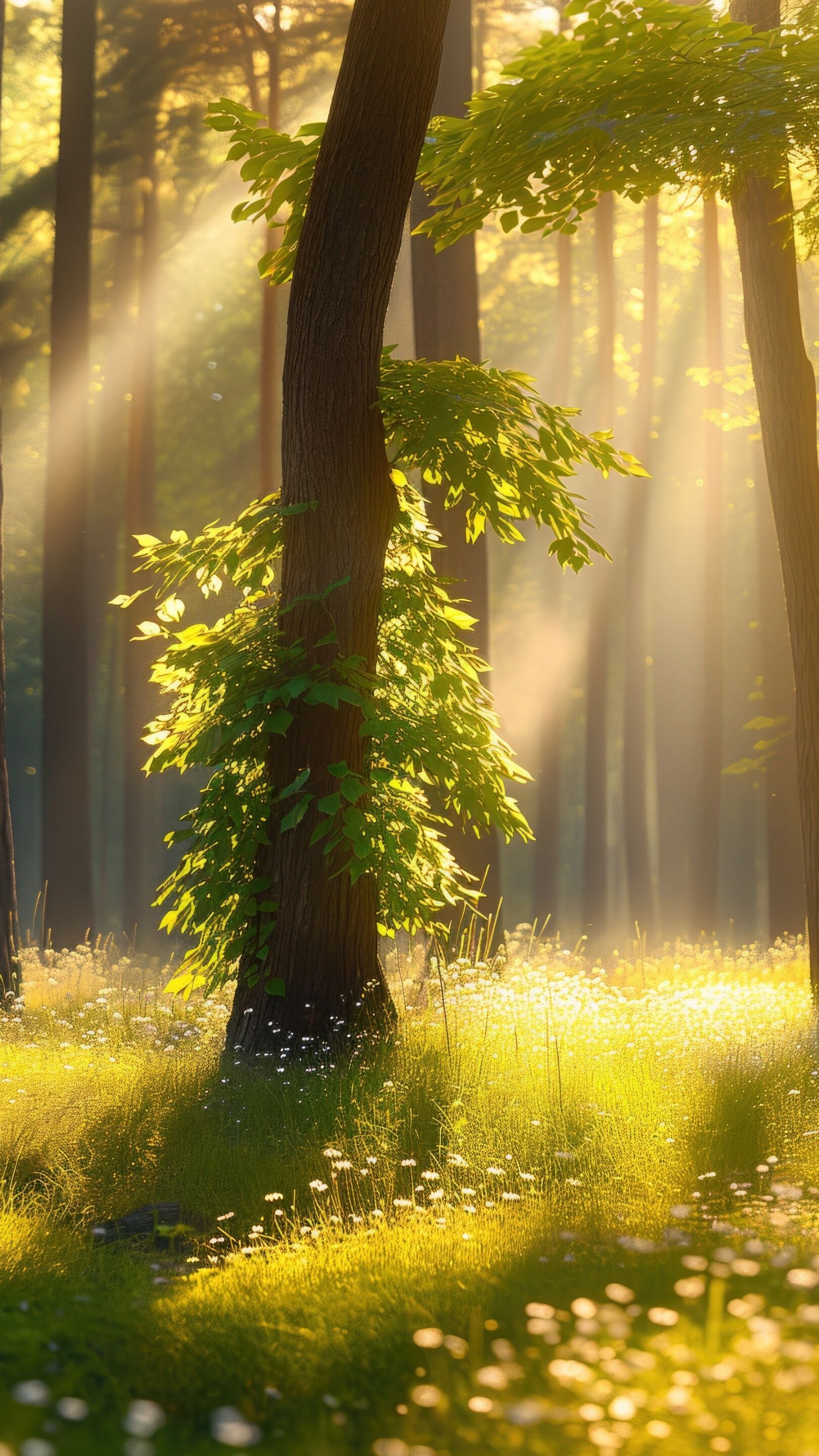 Beautiful Sunlit Spring Forest Scene - backiee