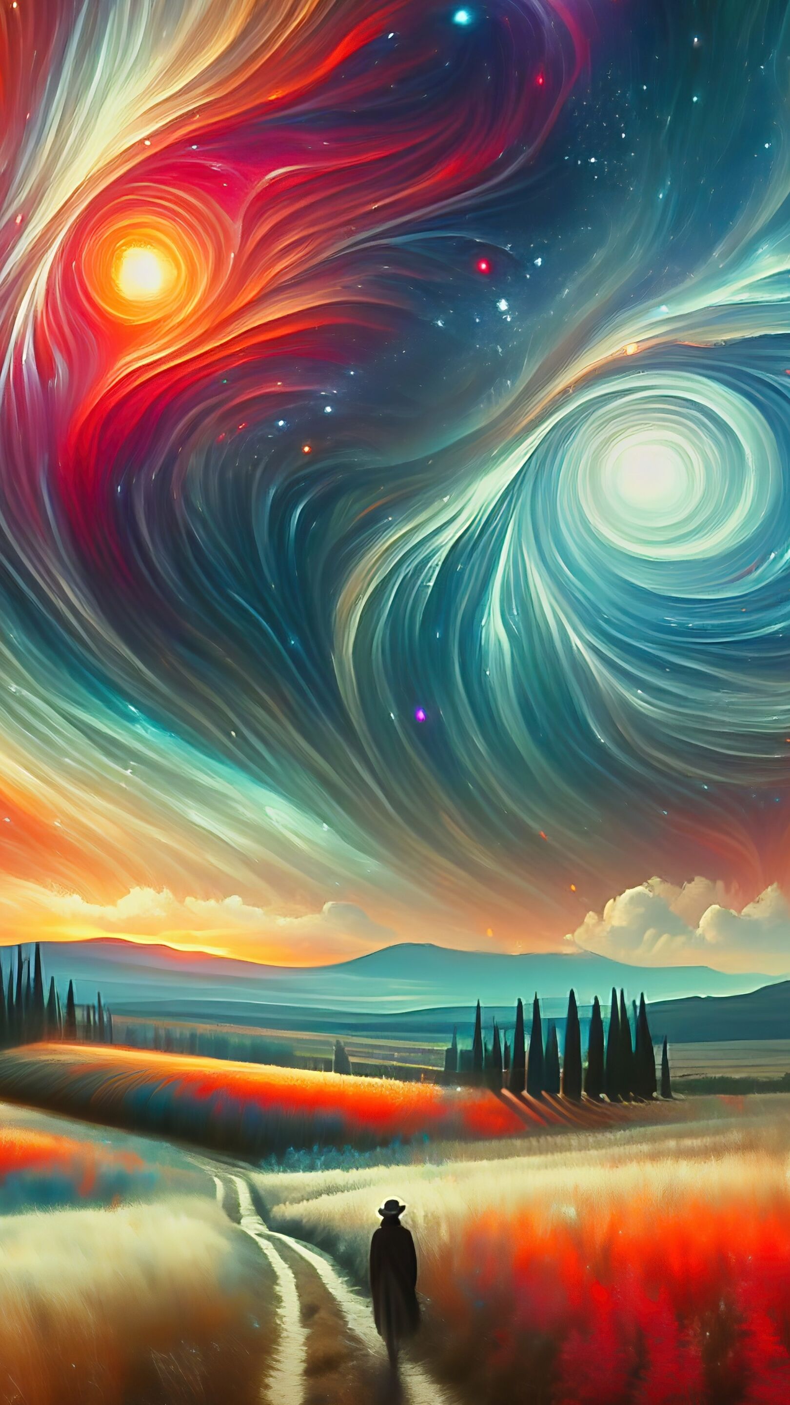 Cosmic Dance Over Serene Landscape - backiee