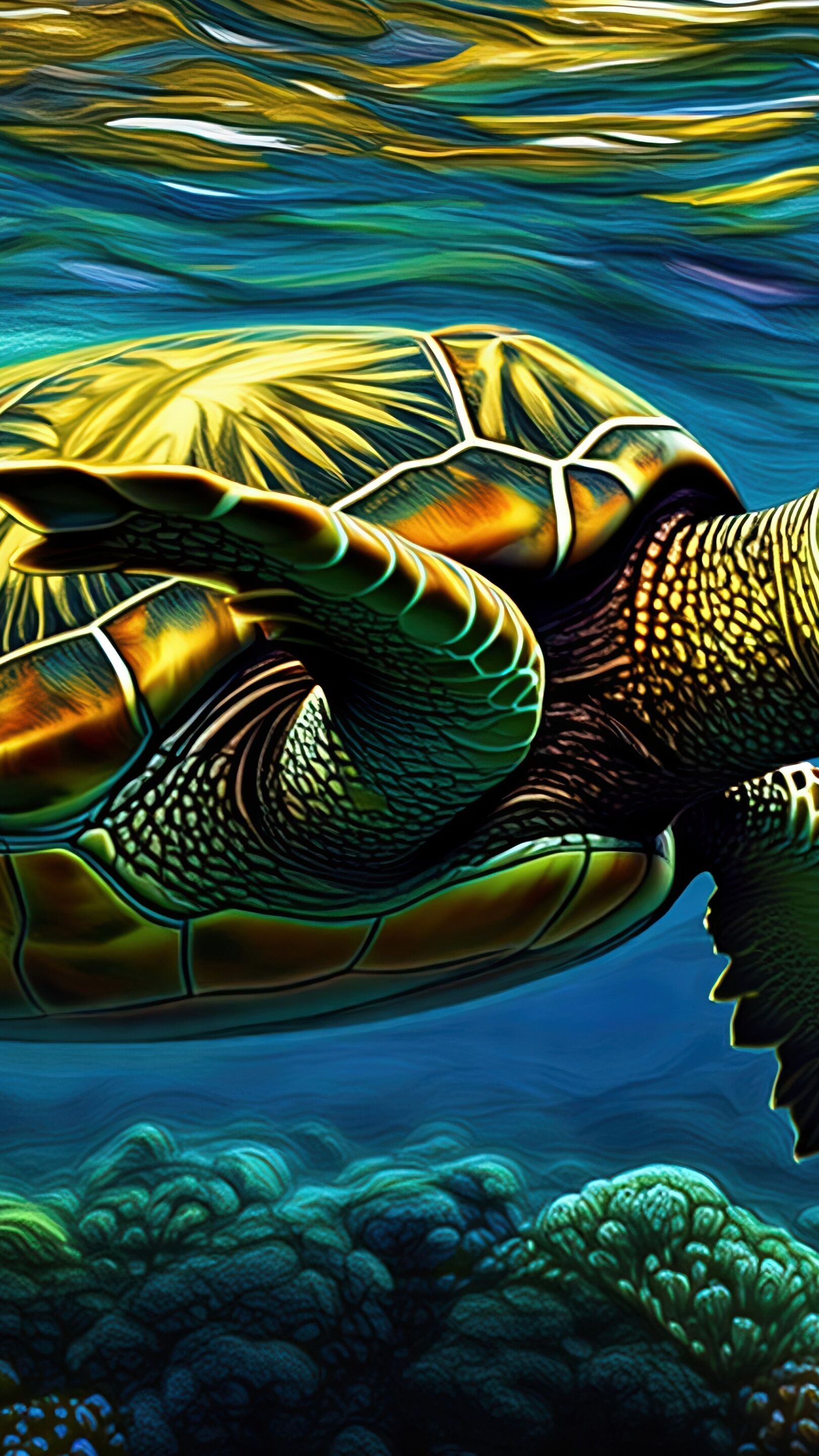 Sea Turtle Serenity in Vibrant Underwater World - backiee