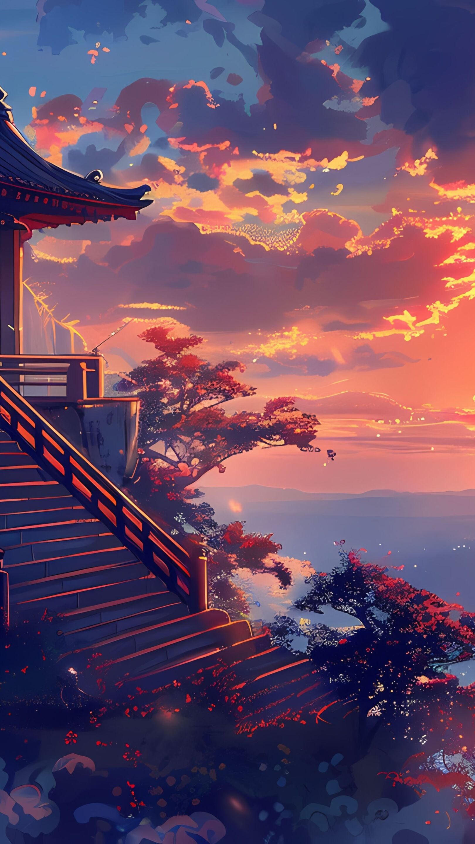 Japanese Sunset Overlook in Anime Art Style - backiee