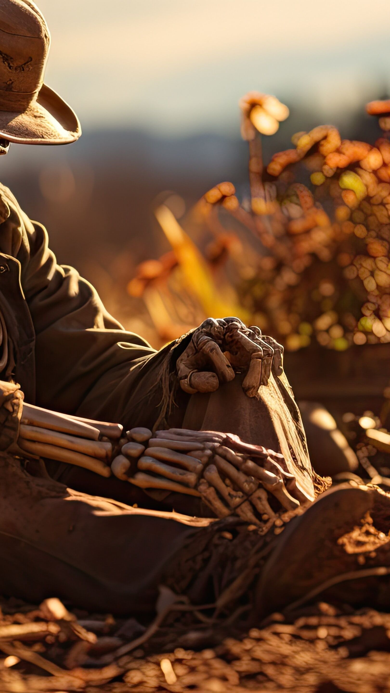 Creepy Skeleton in a Sunlit Field - backiee