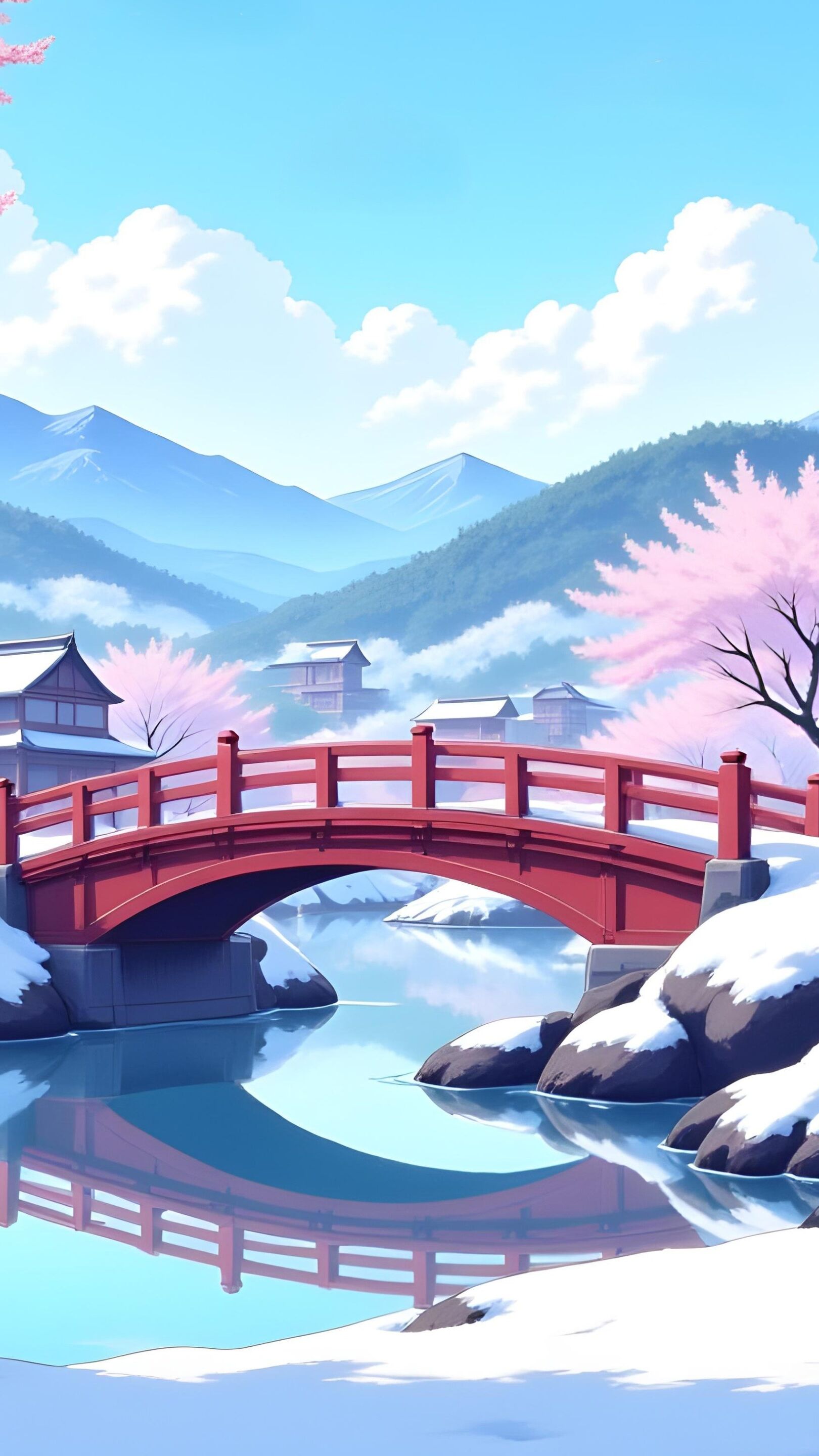 Japanese Winter Wonderland Fantasy Scene with Red Bridge - backiee