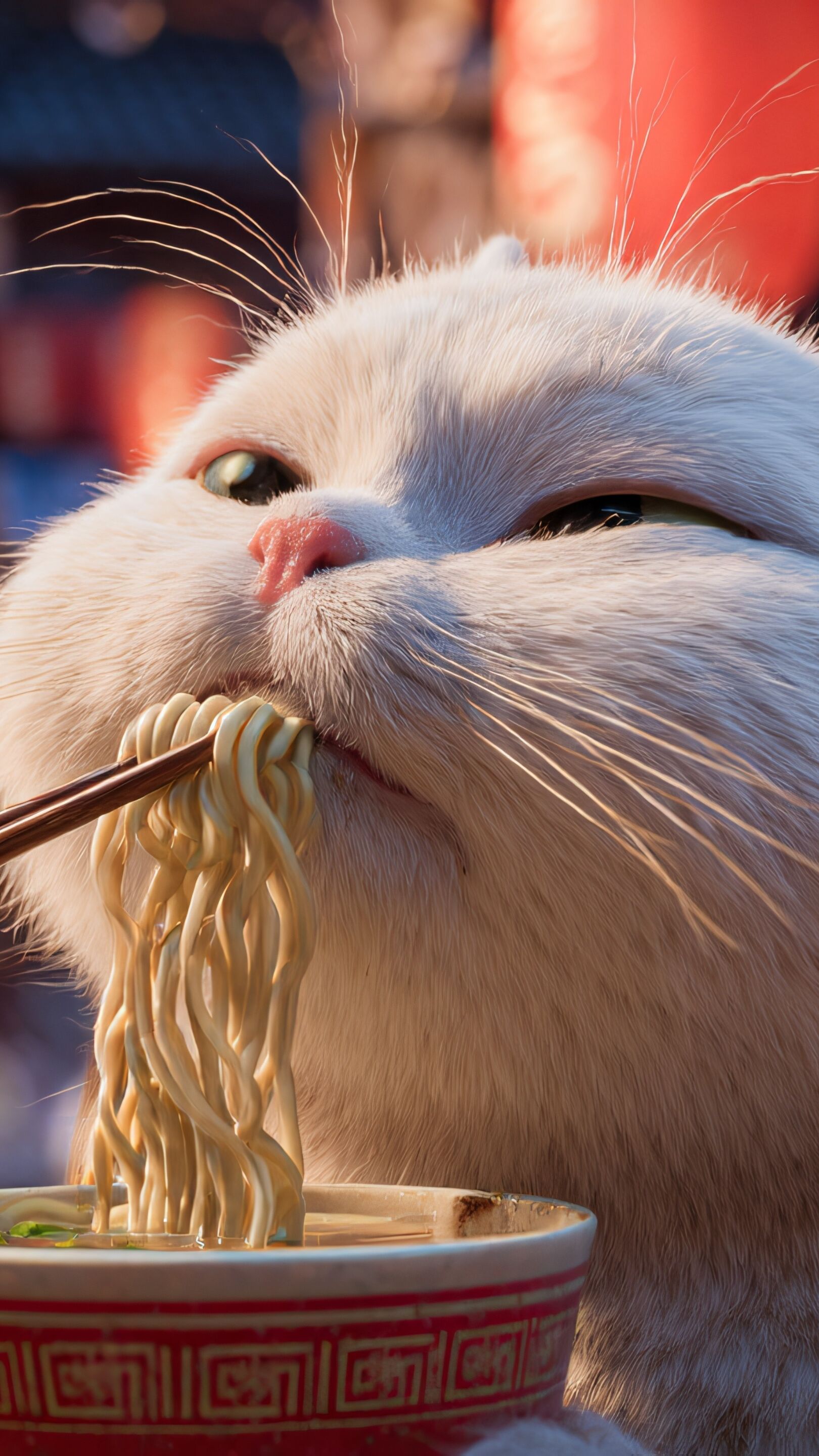 White Cat Lovingly Dines on Ramen - backiee