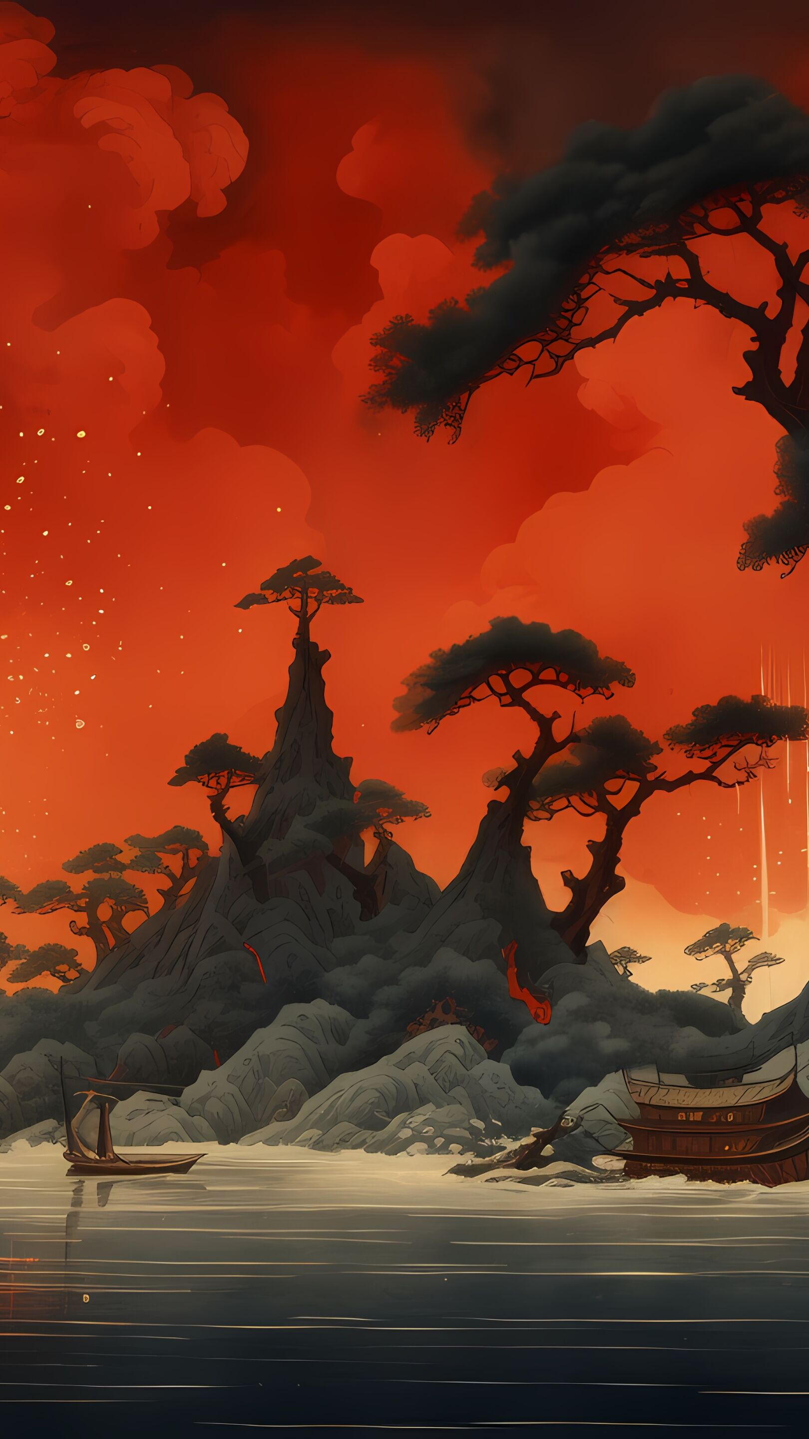 Fiery Fantasy Landscape with Mystical Elements - backiee