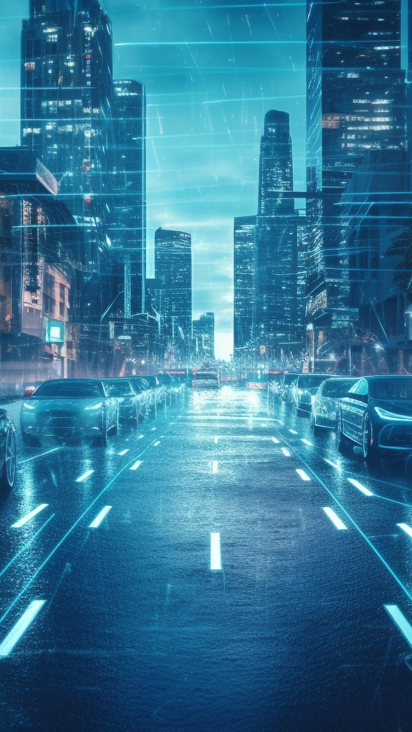 Dynamic Cityscape with Futuristic Vehicles and Neon Glows - backiee