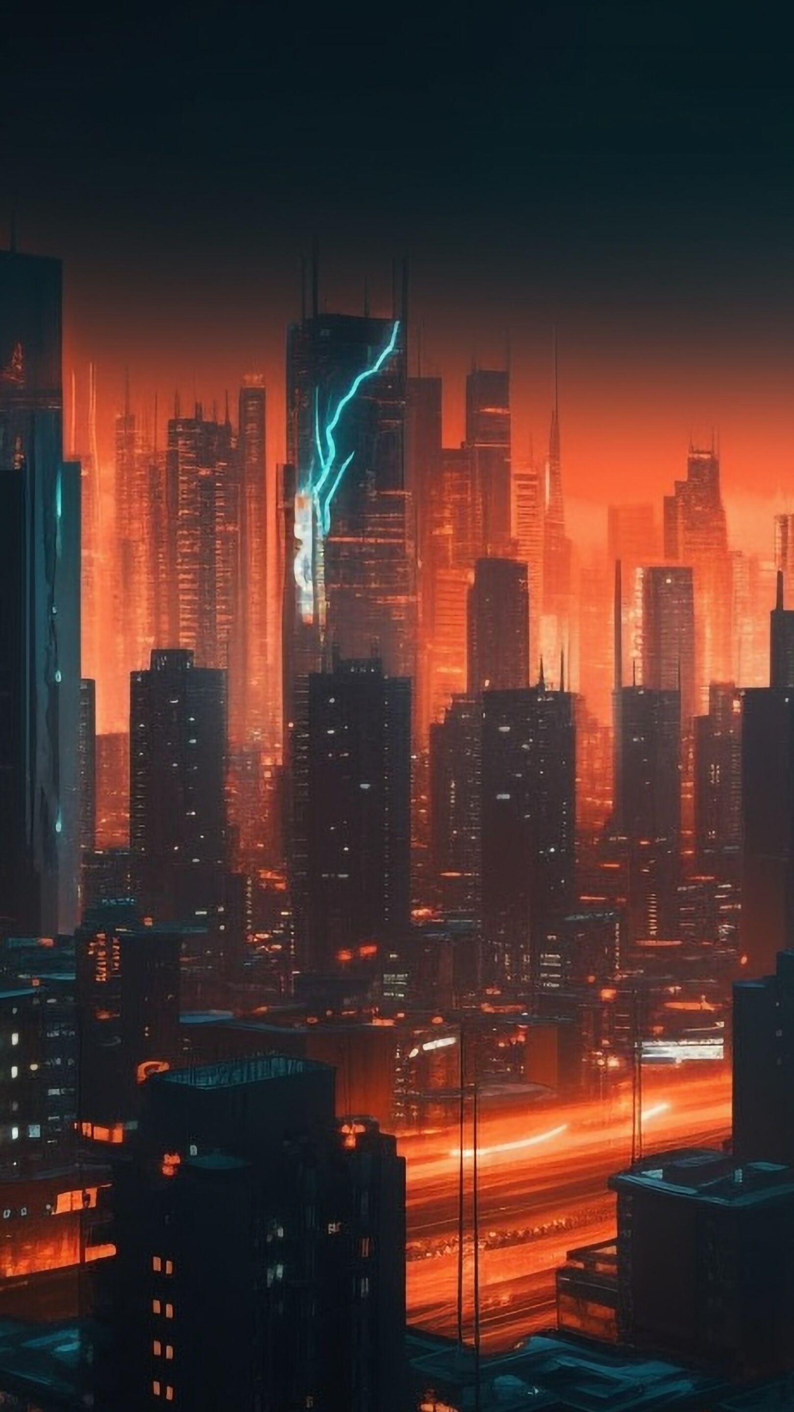 Vibrant Cityscape Under Dusk Sky Glowing Brightly - backiee