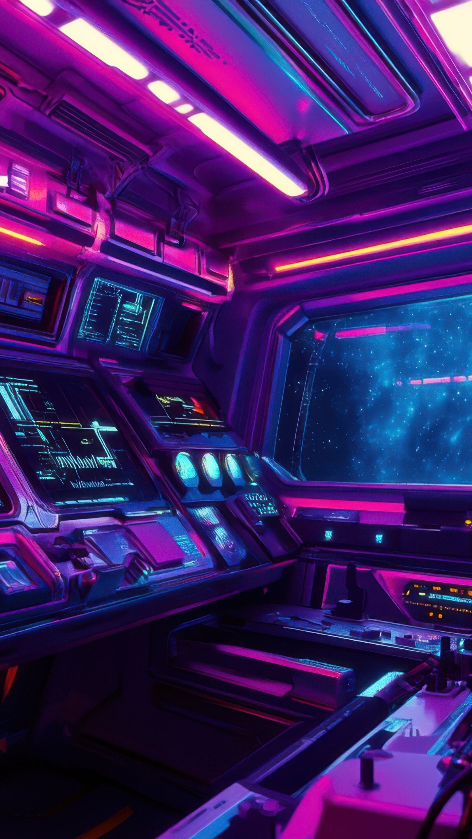 Spaceship Control Room in Neon Glow - backiee