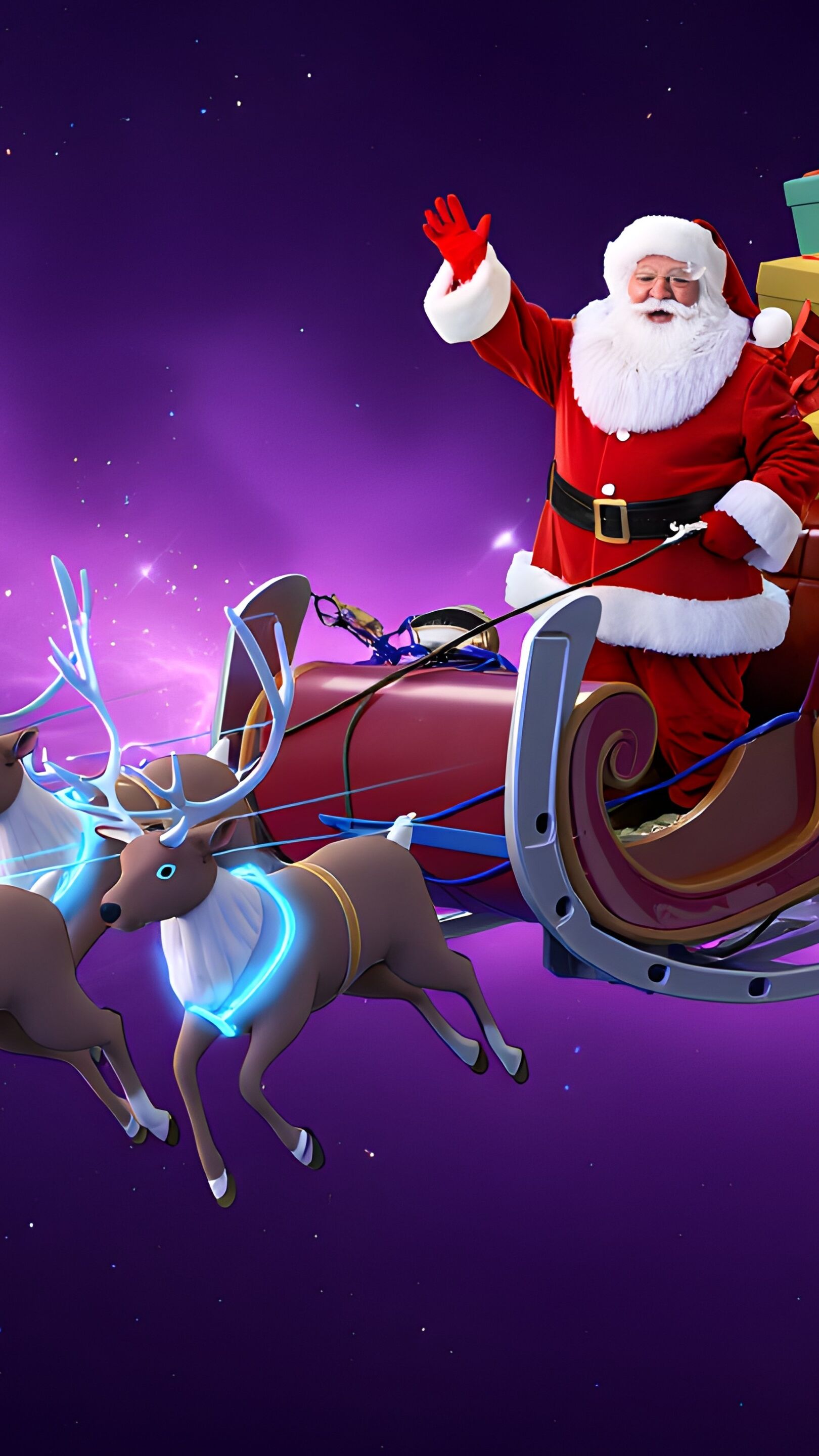 Santa Soars Through Cosmic Night With Neon Reindeer and Gifts - backiee