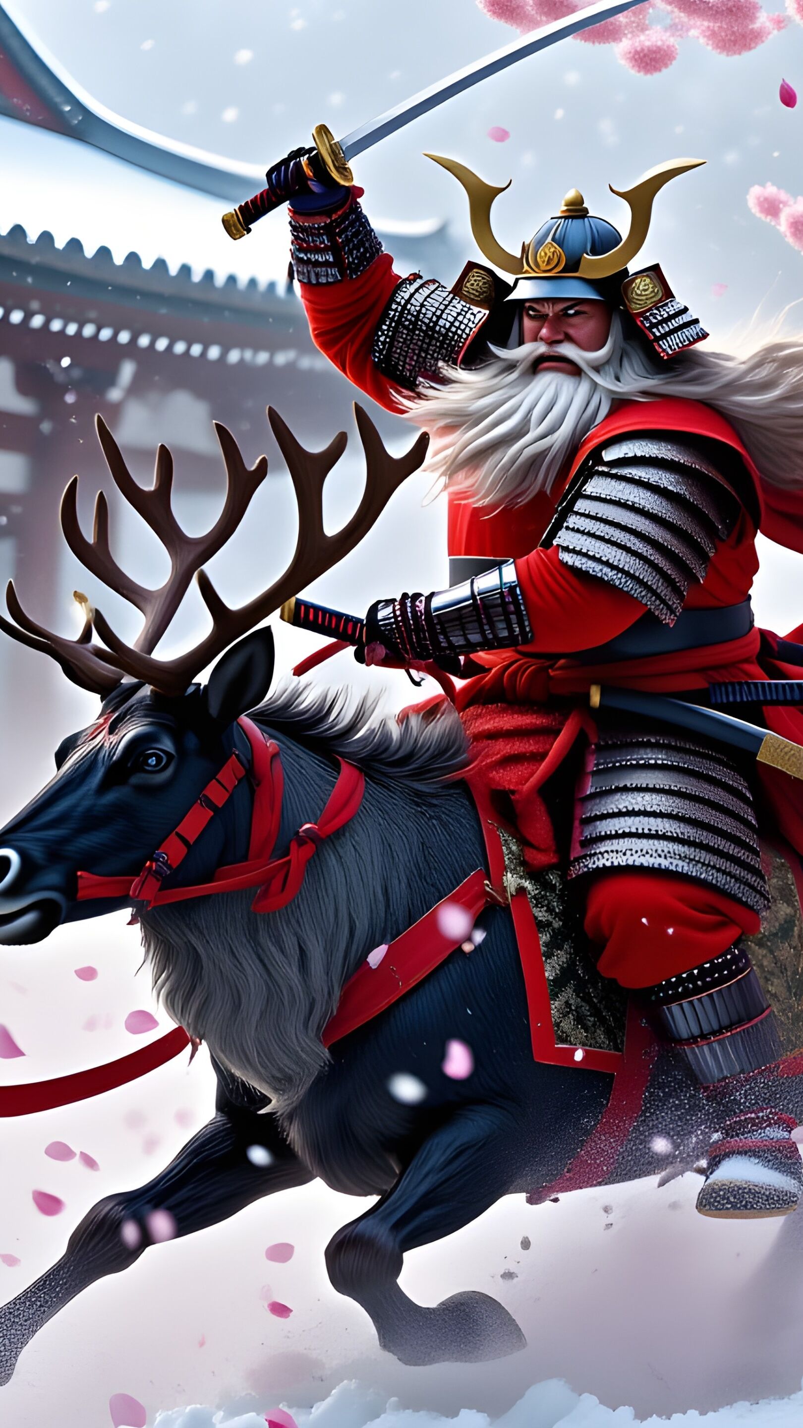 Santa Samurai Rides a Battle Reindeer Through Snowy Cherry Blossoms ...