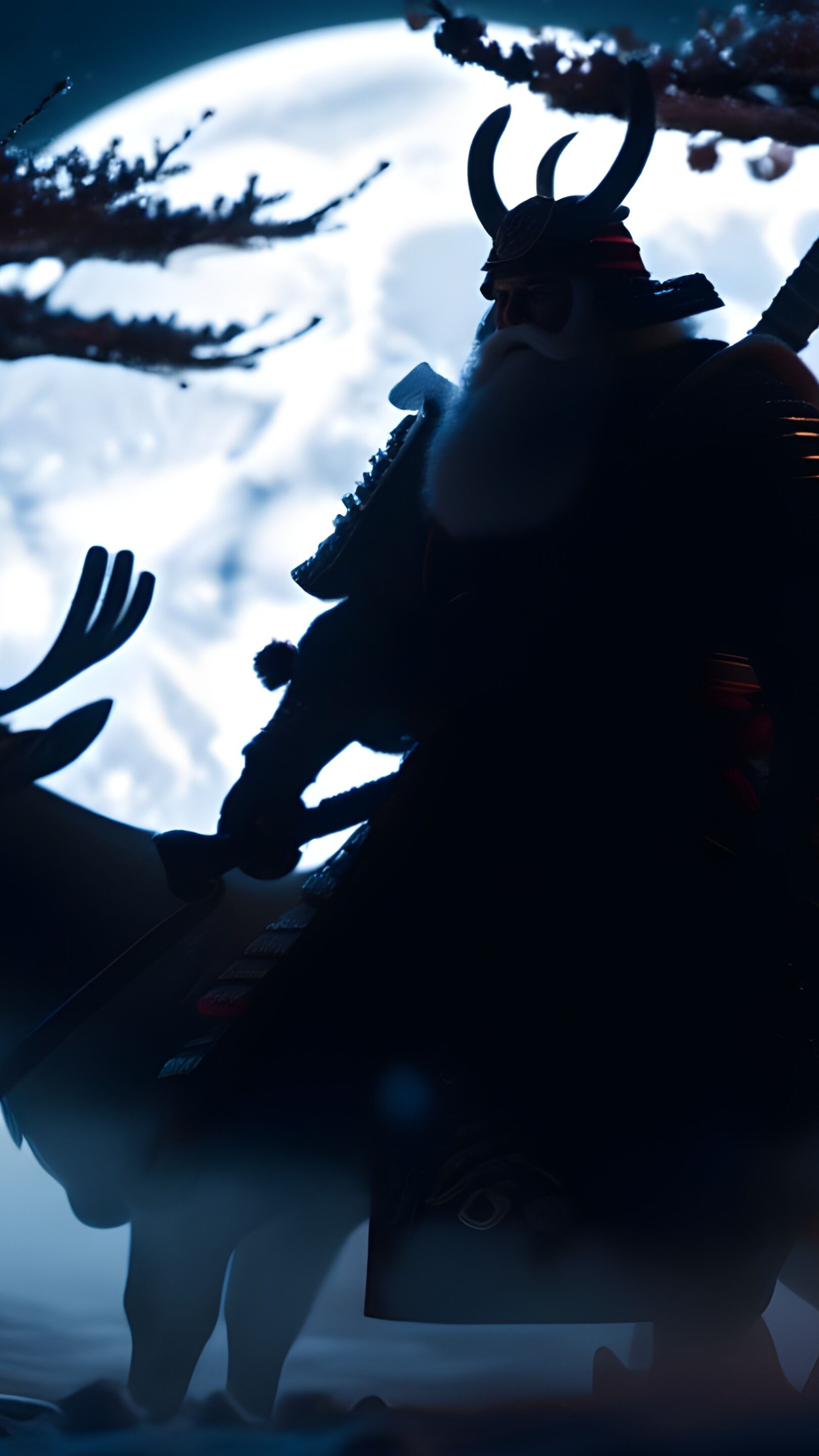 Moonlit Christmas Samurai Ride with Reindeer and Lantern Glow - backiee