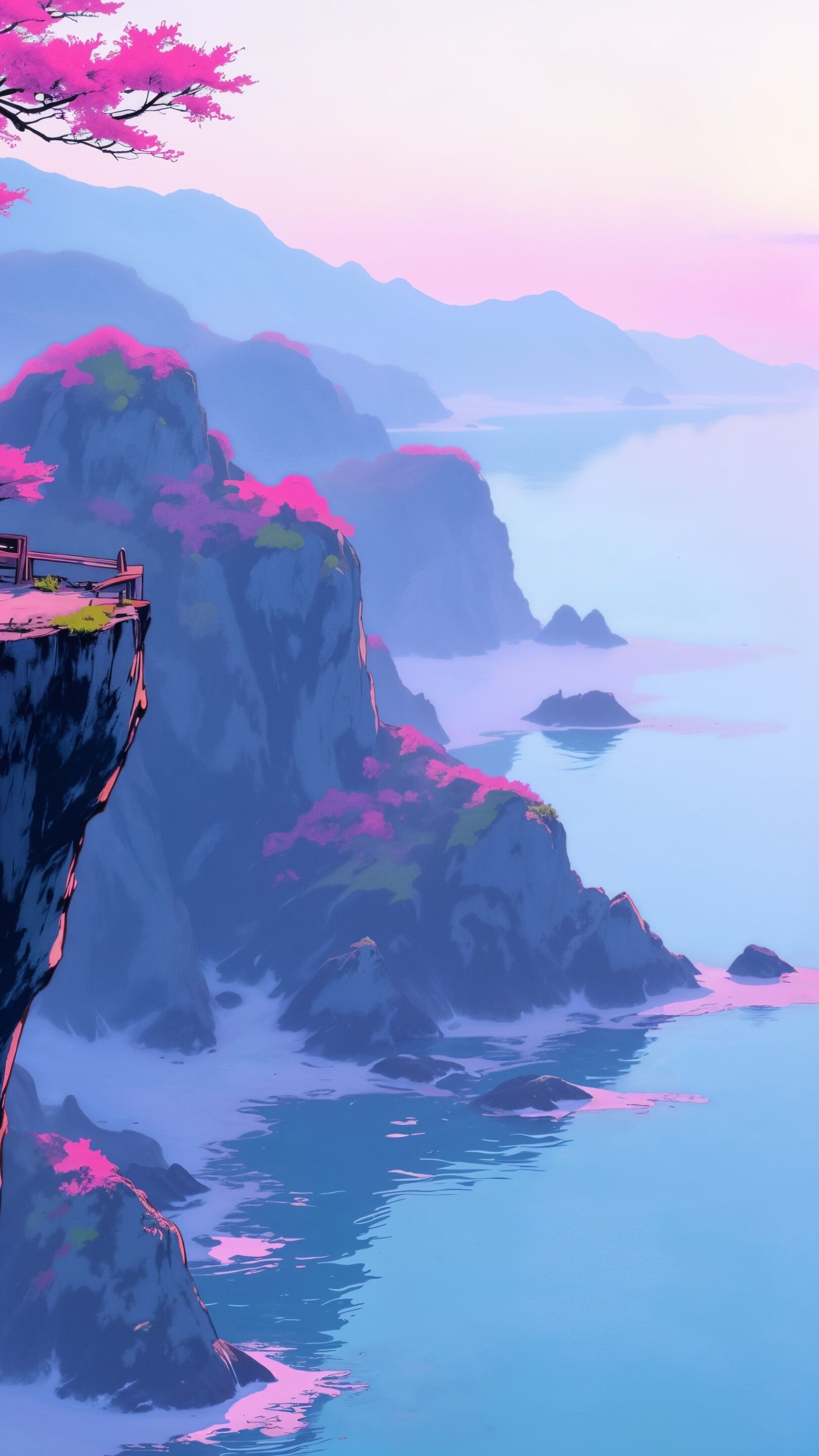 Sakura Cliff Shrine Over a Tranquil Anime Sea at Sunrise - backiee