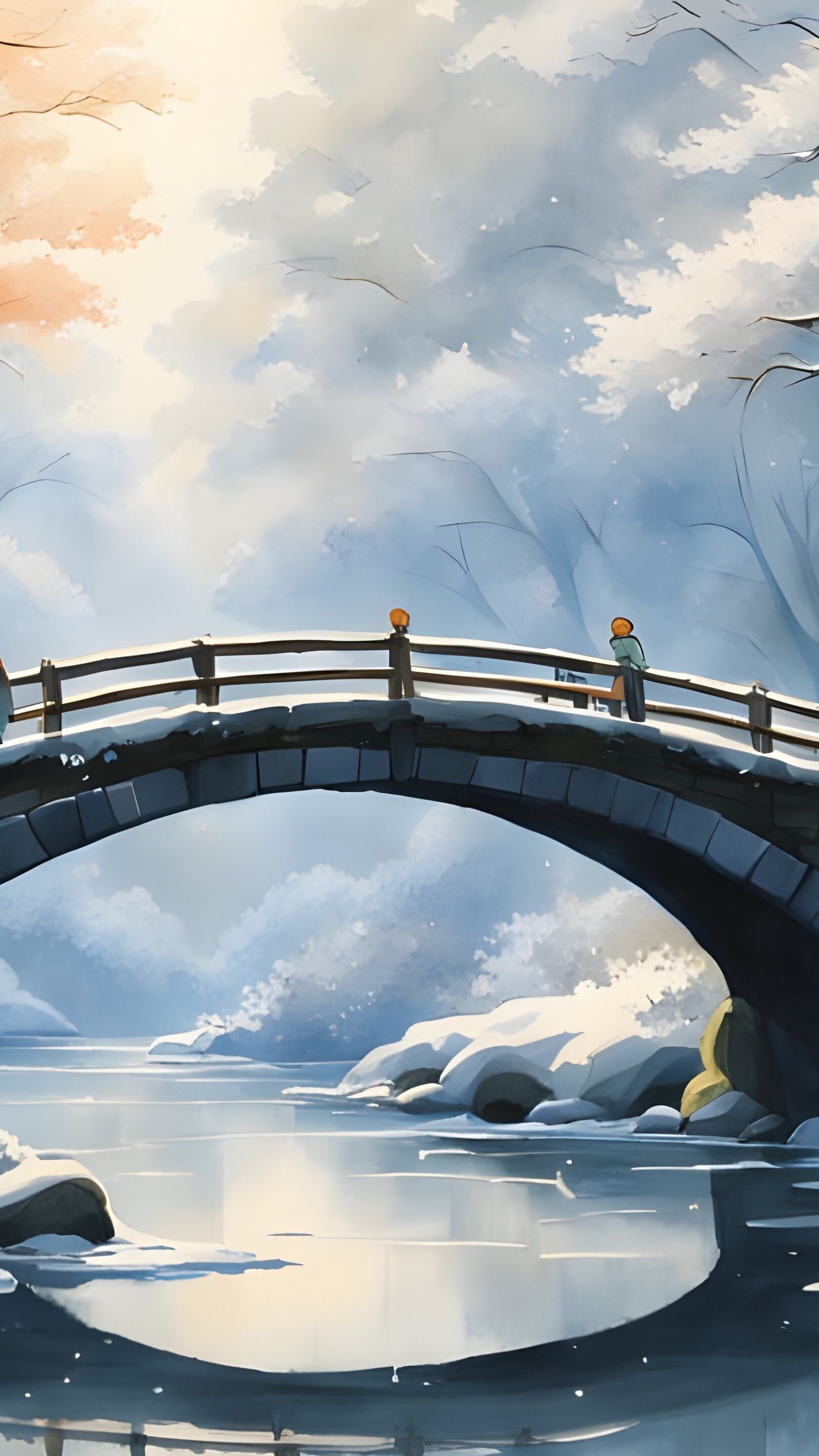 Snowy Forest Bridge Over Quiet River in Anime Winter Glow - backiee