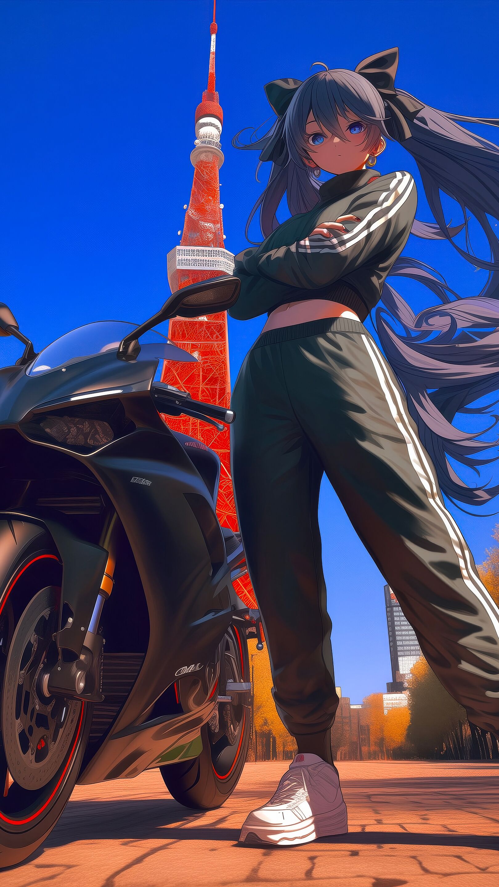 Blue Haired Rider Under a Tokyo Skyline in Crisp Anime Style - backiee