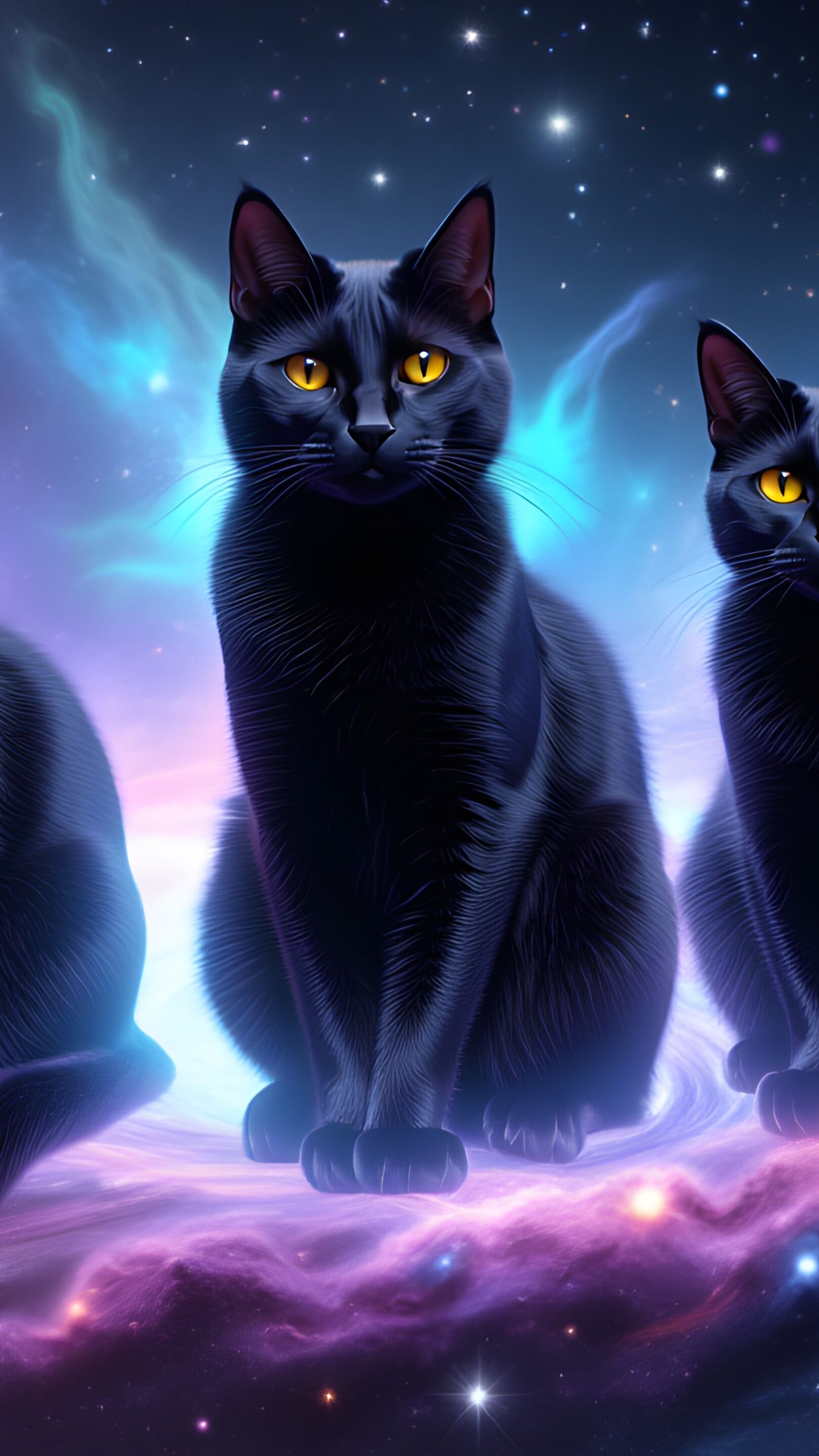 Cosmic Black Cats Guardians of a Neon Galaxy in 5K - backiee