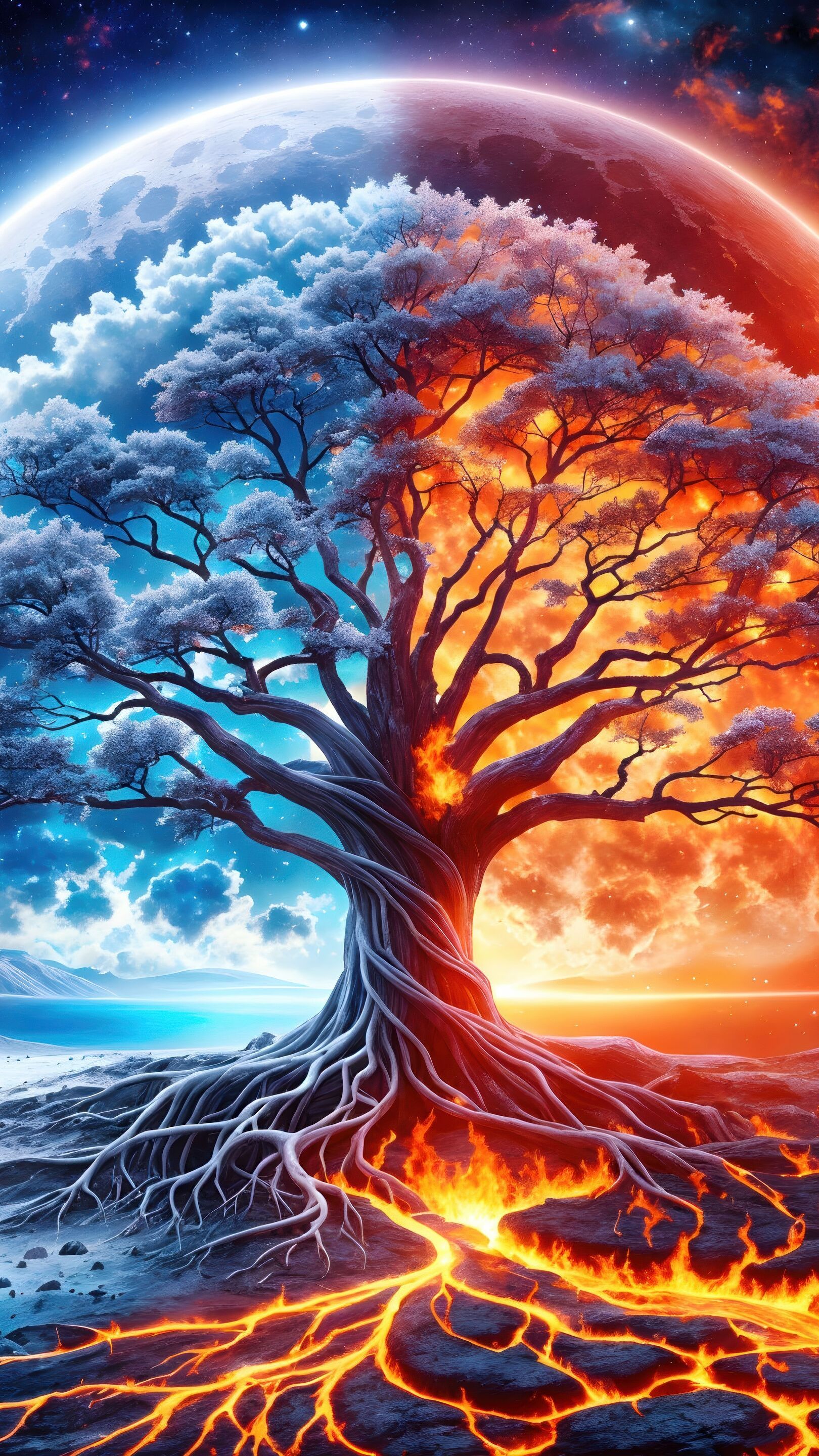 Tree of Life Between Frost and Flame Under Twin Moons - backiee