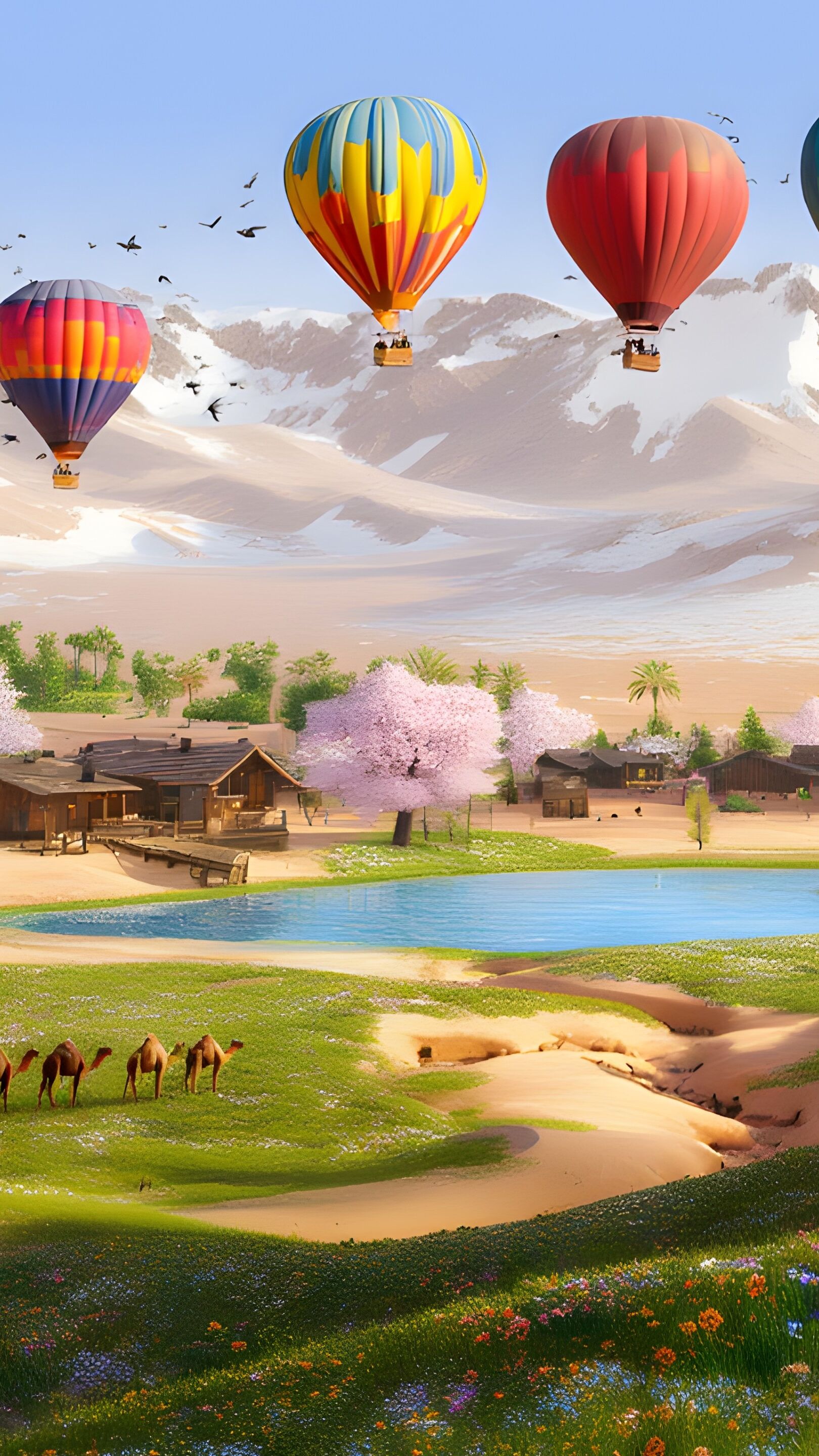 Spring Balloon Festival Over a Surreal Blossom Valley Sky - backiee