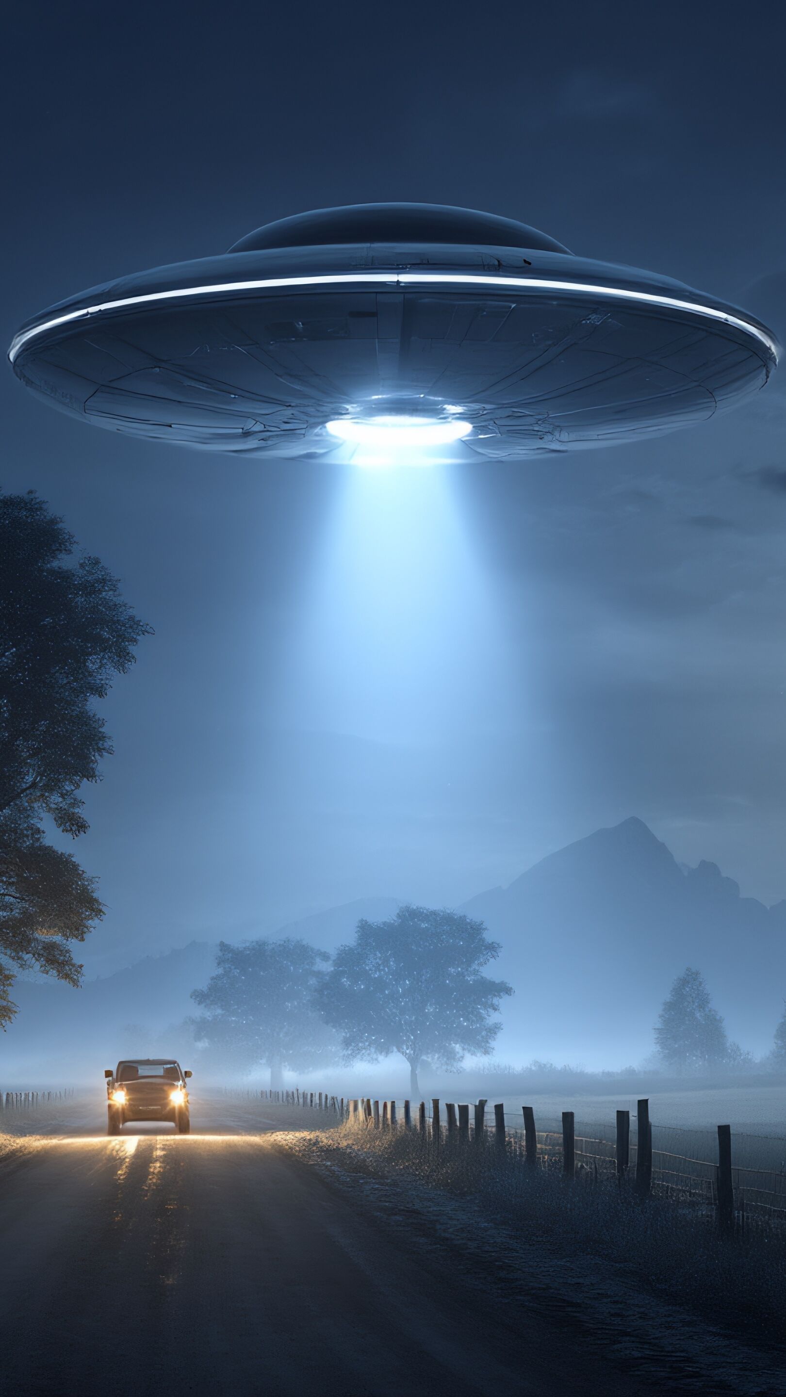 Moonlit Dirt Road Under a Silent UFO Beam - backiee