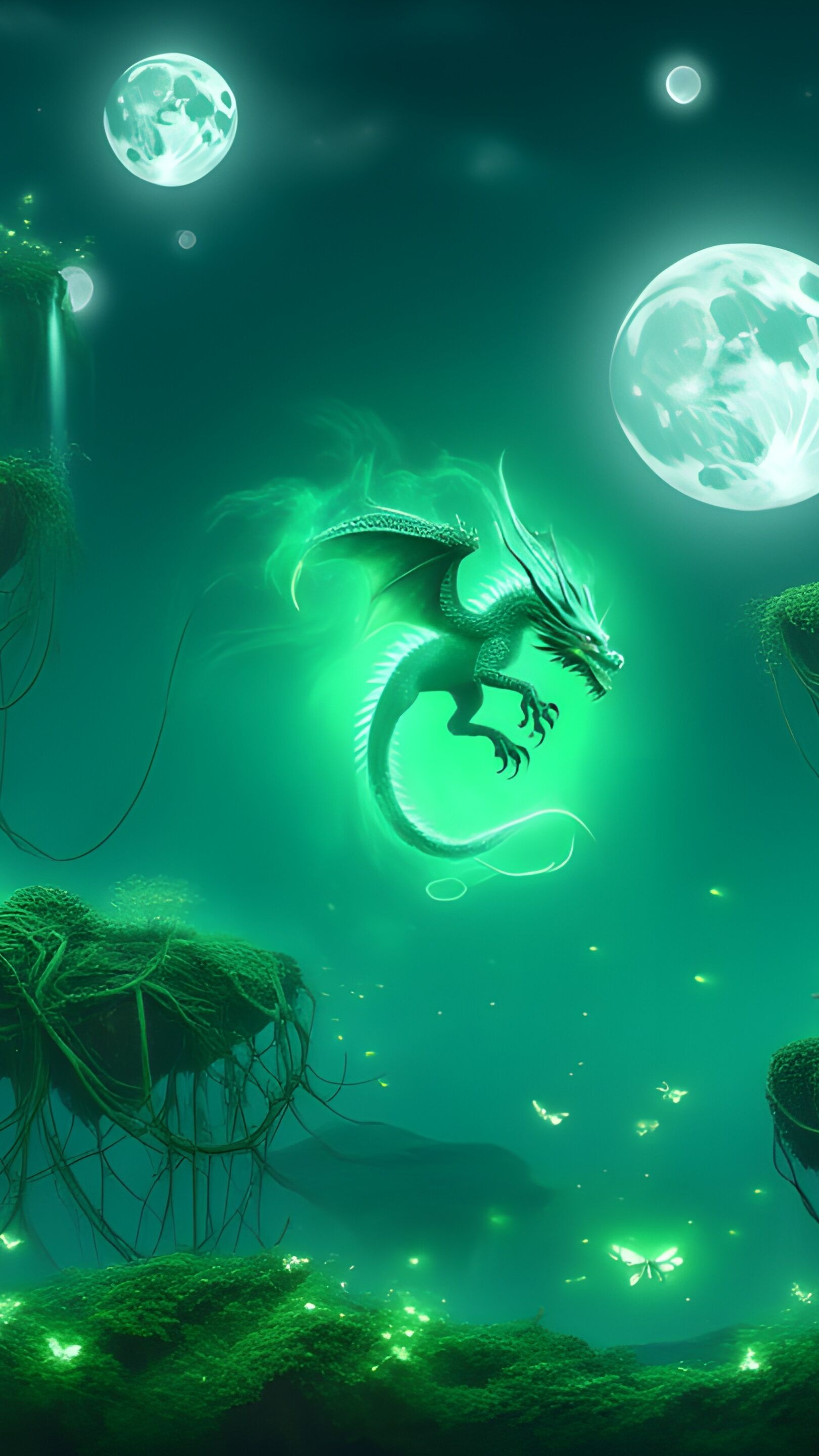 Moonlit Emerald Dragon Above Floating Waterfalls - backiee