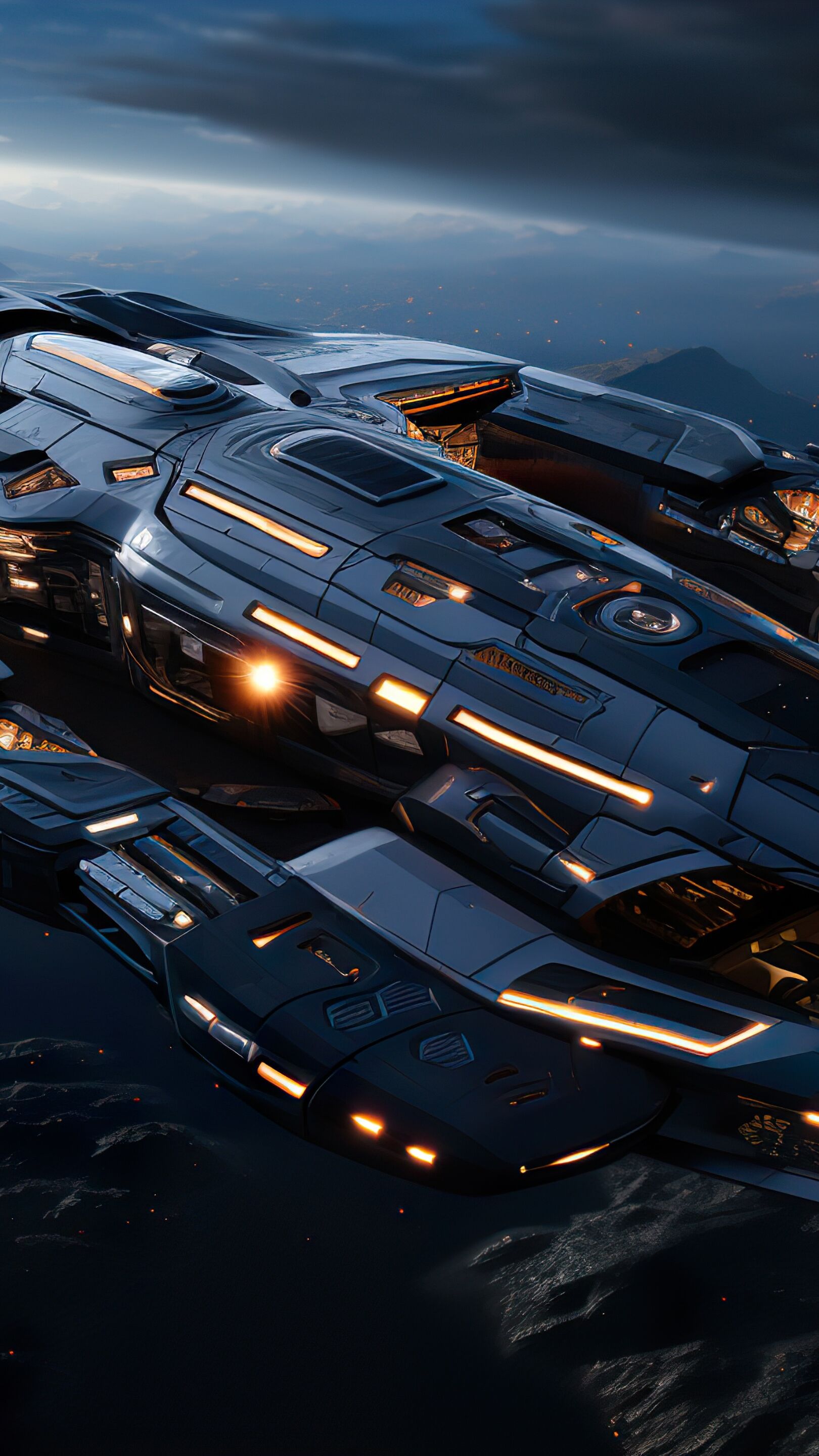 Neon Trimmed Starship Gliding Above Shadowed Alien Mountains - backiee