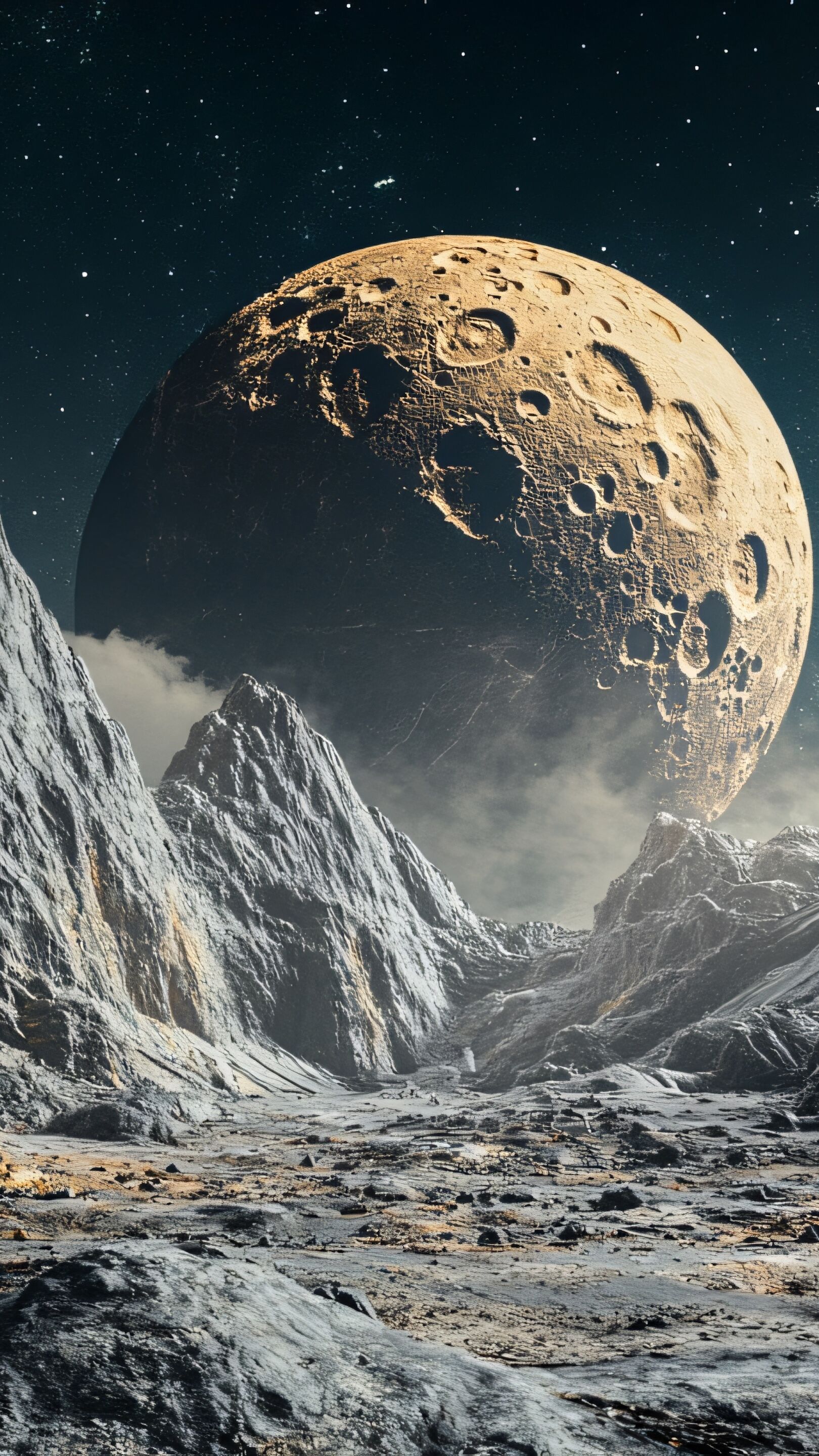 Moonlit Crater World Over Jagged Alien Mountains - backiee