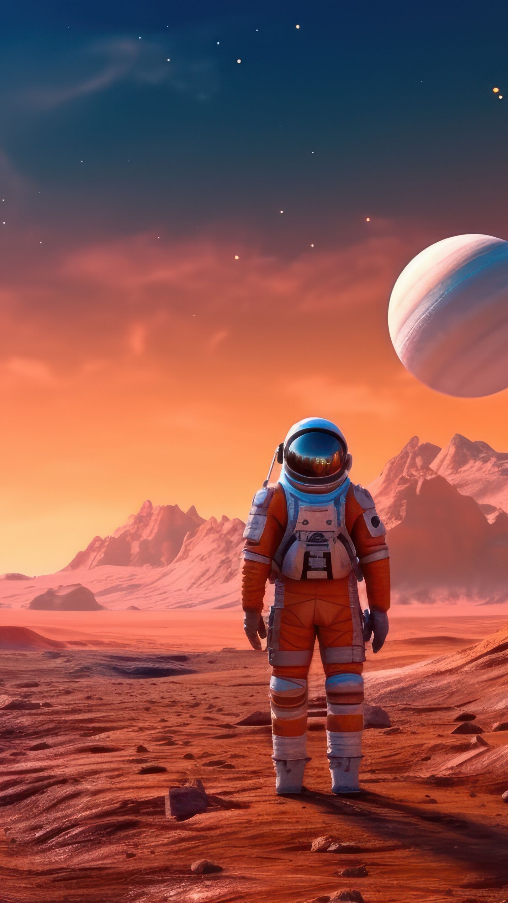 Lone Astronaut on Crimson Alien Desert Beneath Twin Worlds - backiee