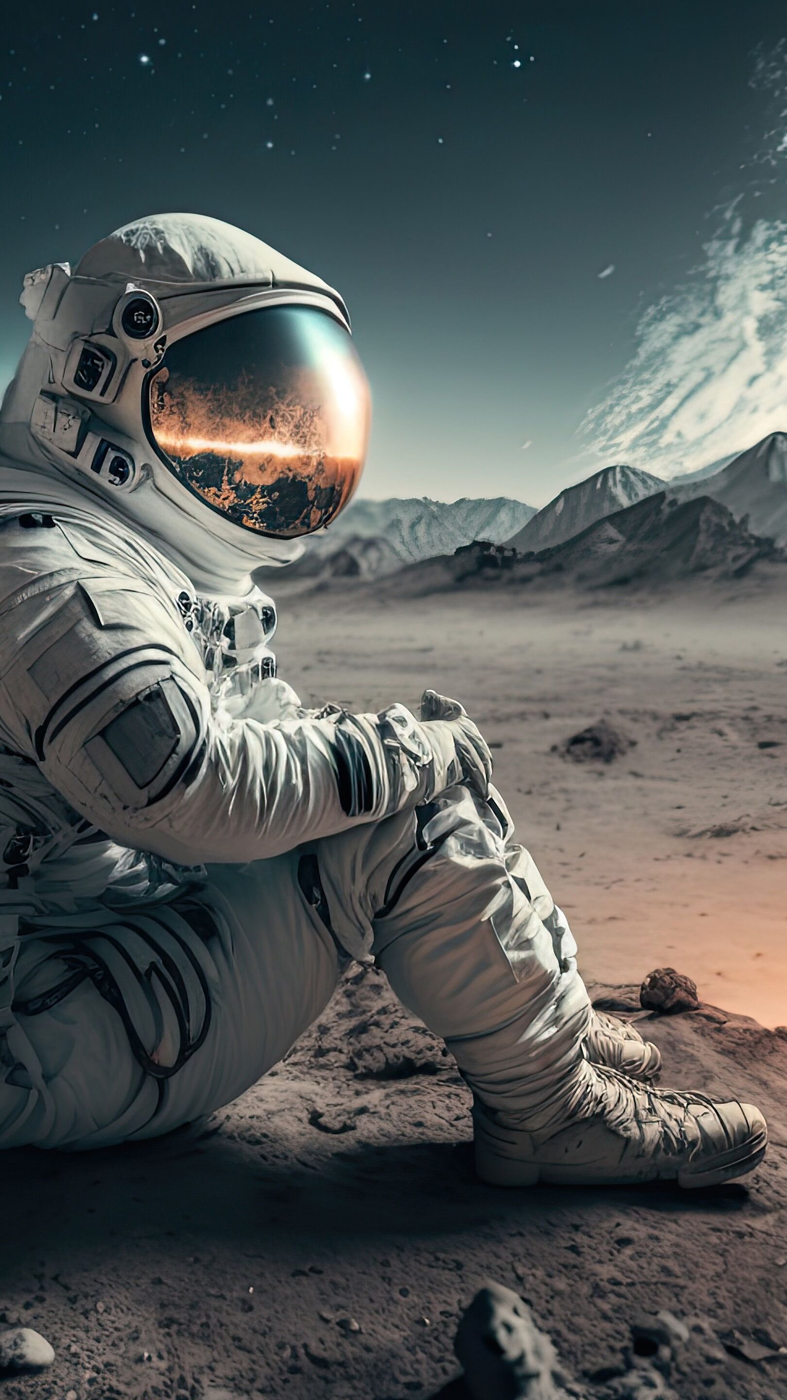 Lone Astronaut Resting on the Moon Under a Distant Earthrise - backiee