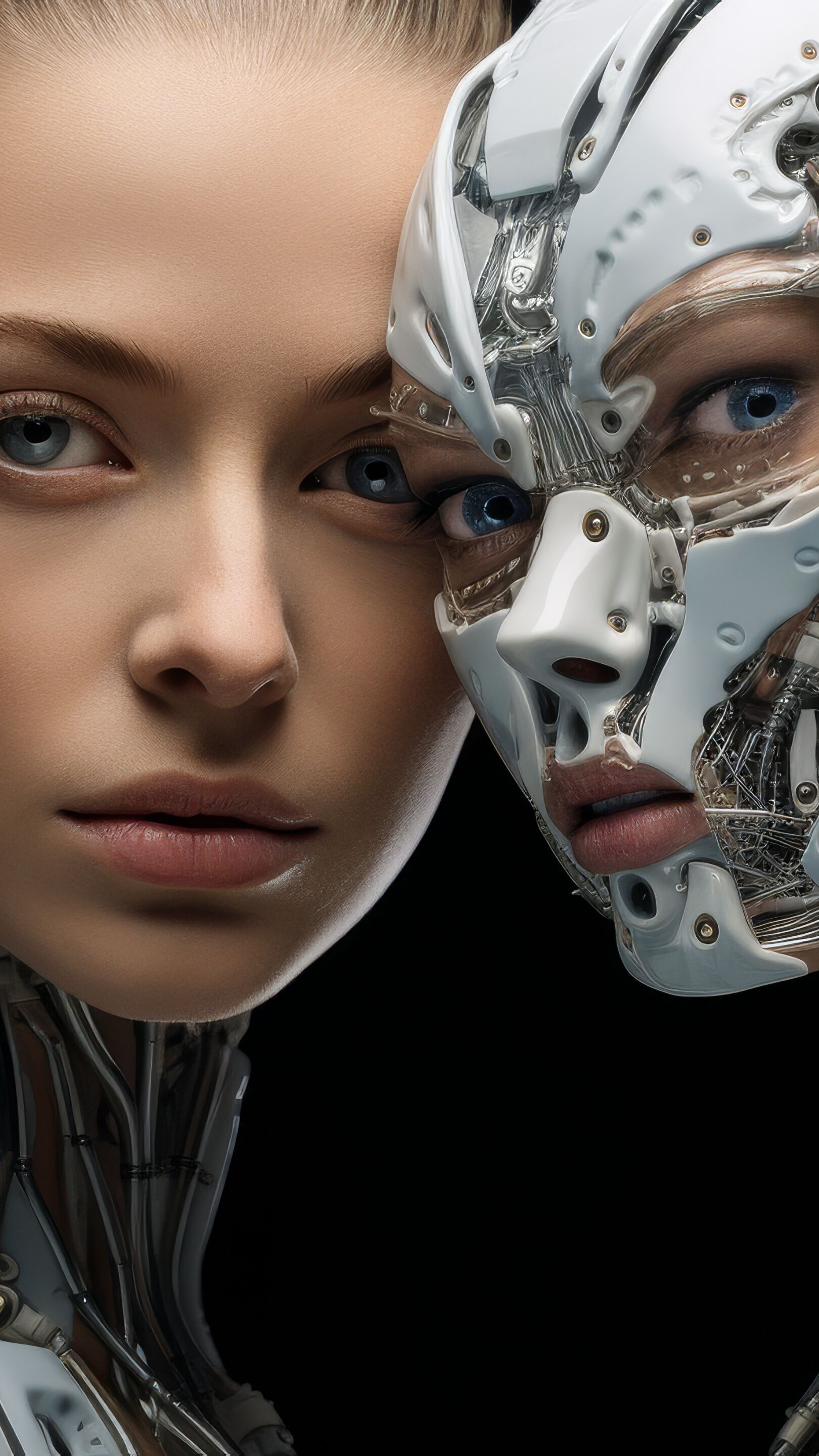 Human and Humanoid Robot Fusion in Sleek AI Portrait Art - backiee