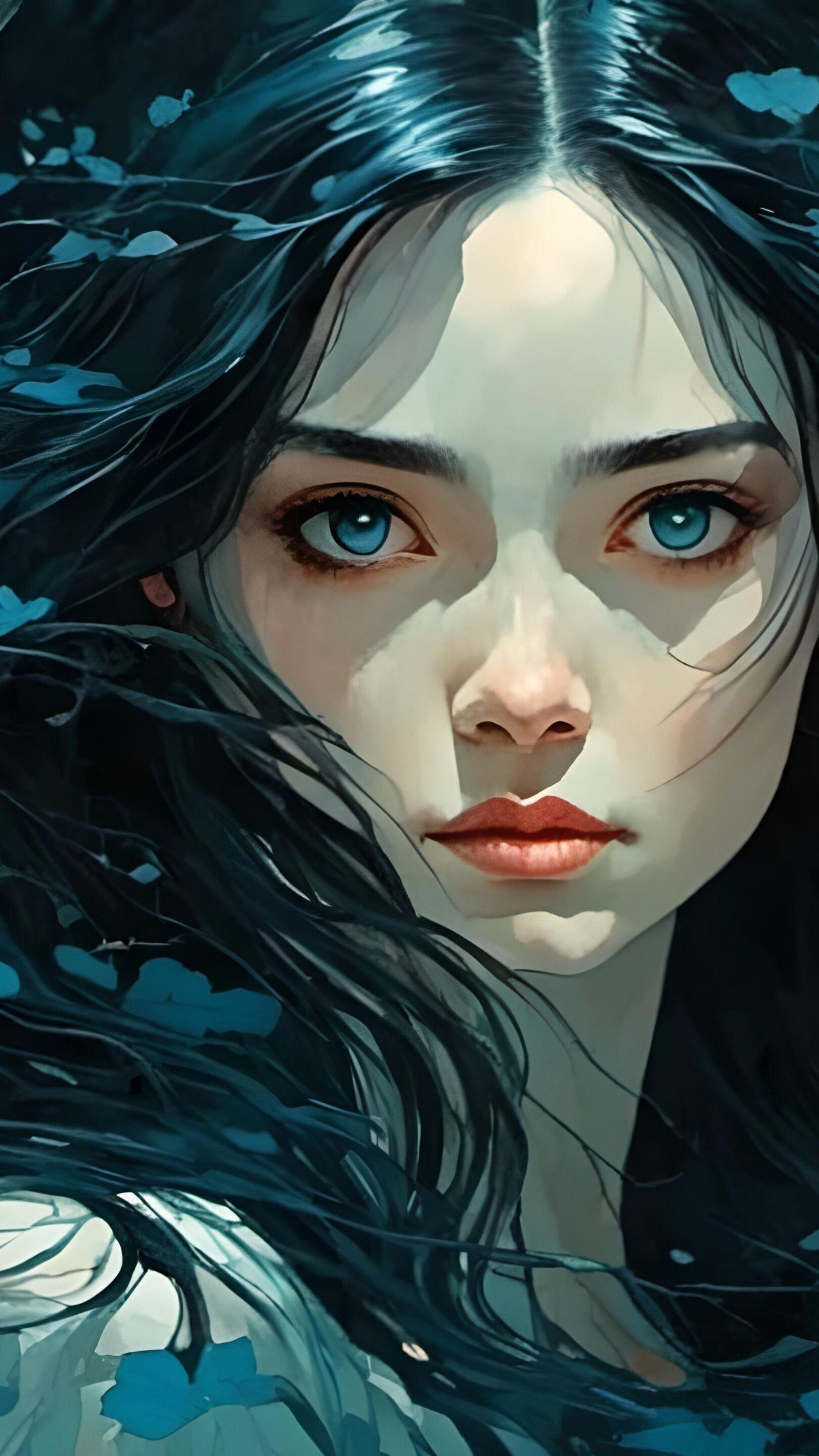 Midnight Bloom Enchantress Portrait in Whispering Blue Leaves - backiee