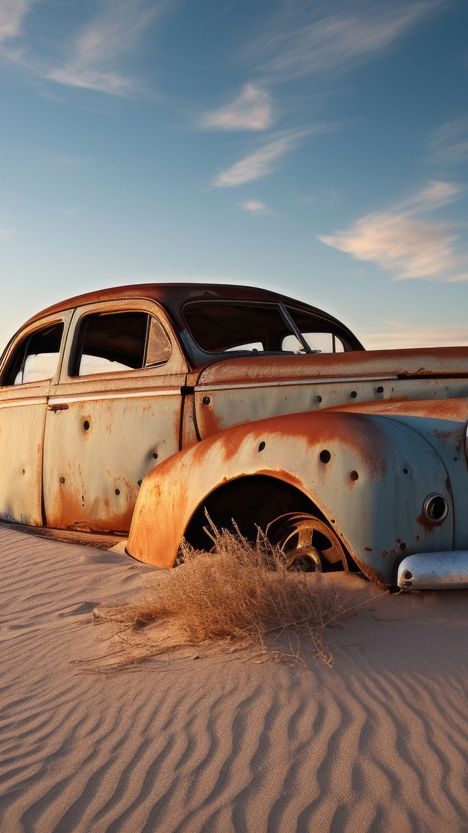 Rusty Vintage Classic Car Half Buried in Desert Sand at Sunset - backiee
