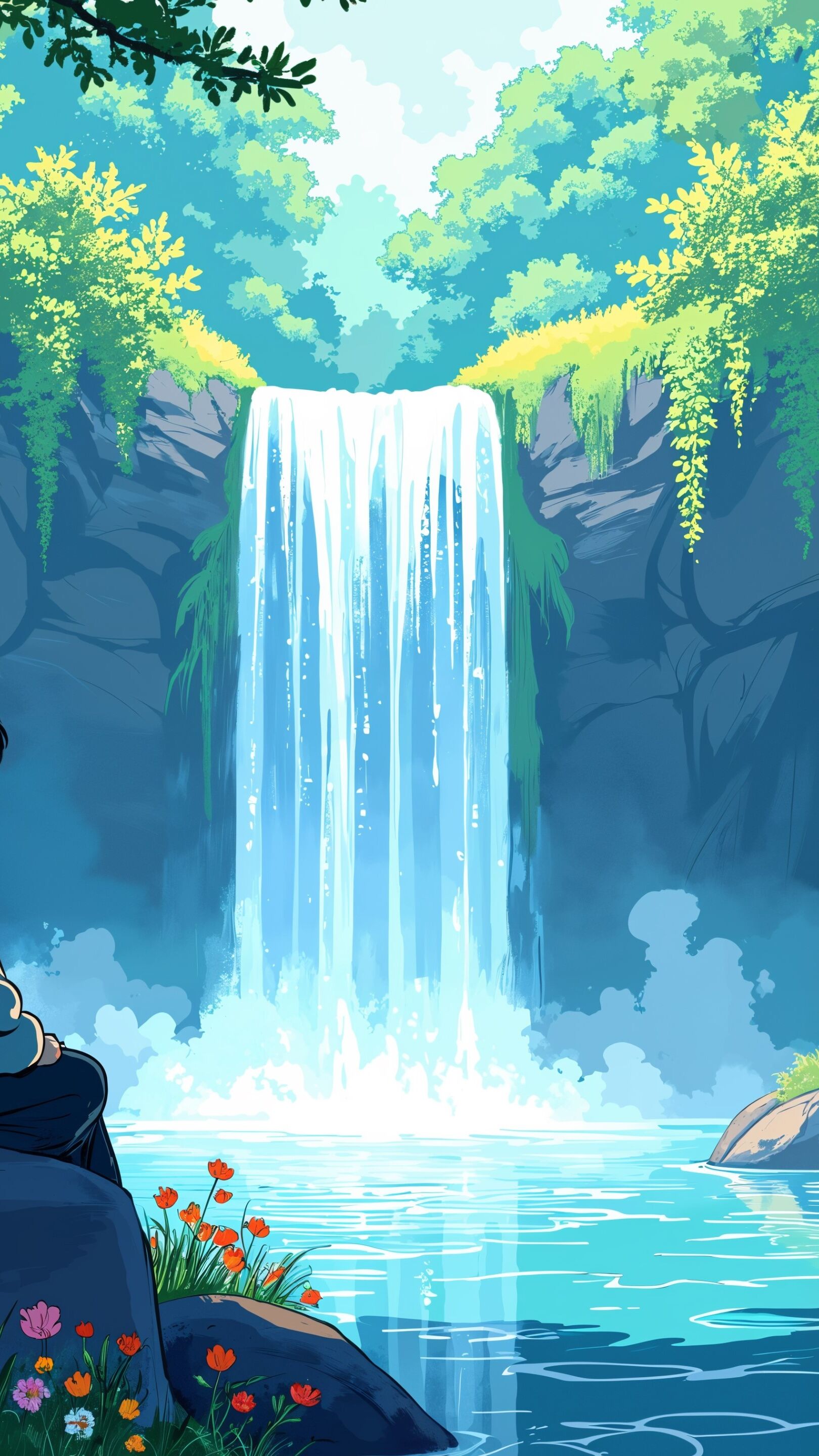 Meditation by the Hidden Waterfall in a Lush Anime Forest - backiee