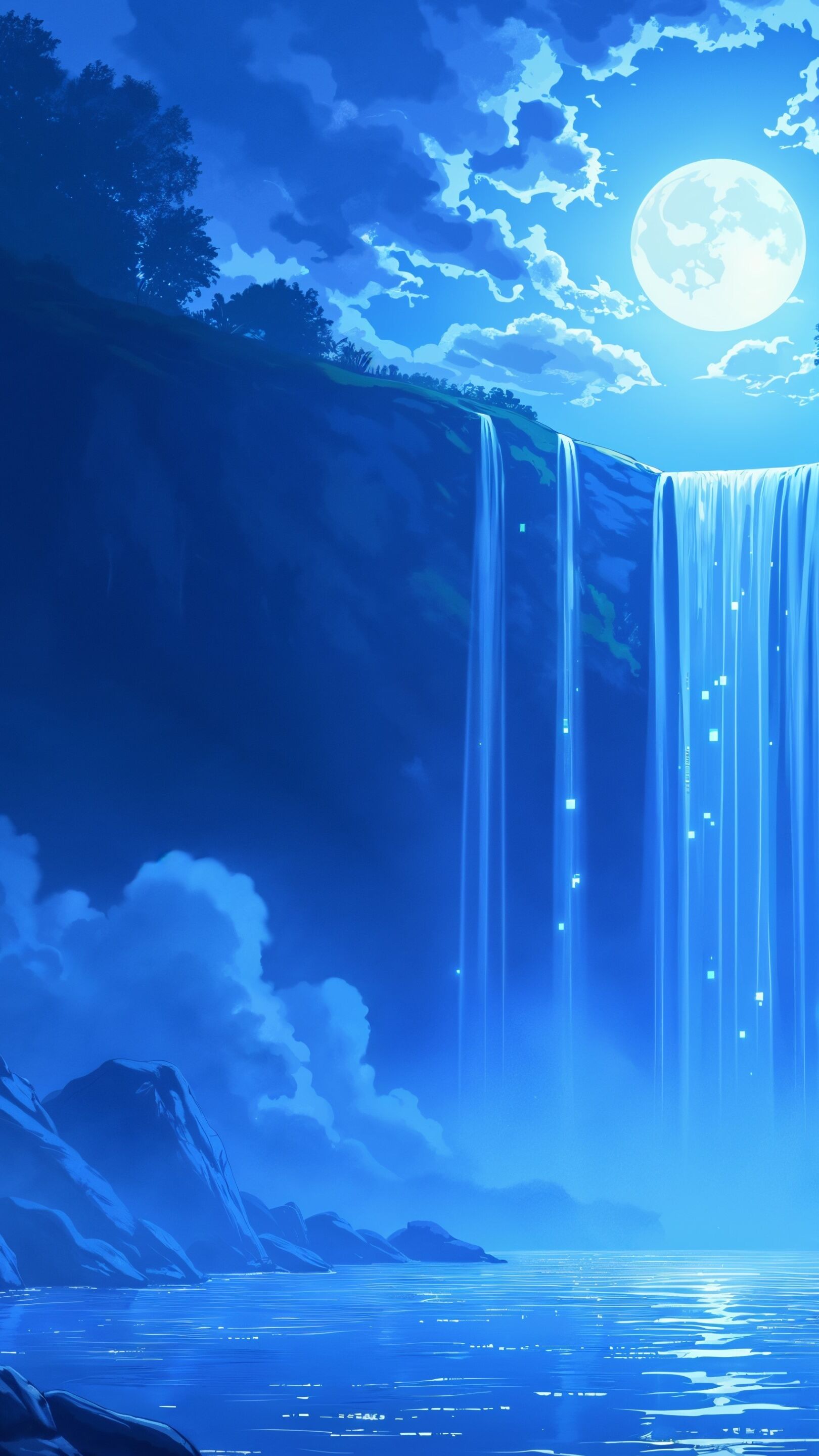 Moonlit Magical Waterfall Serenity in Deep Blue Anime Nightscape - backiee