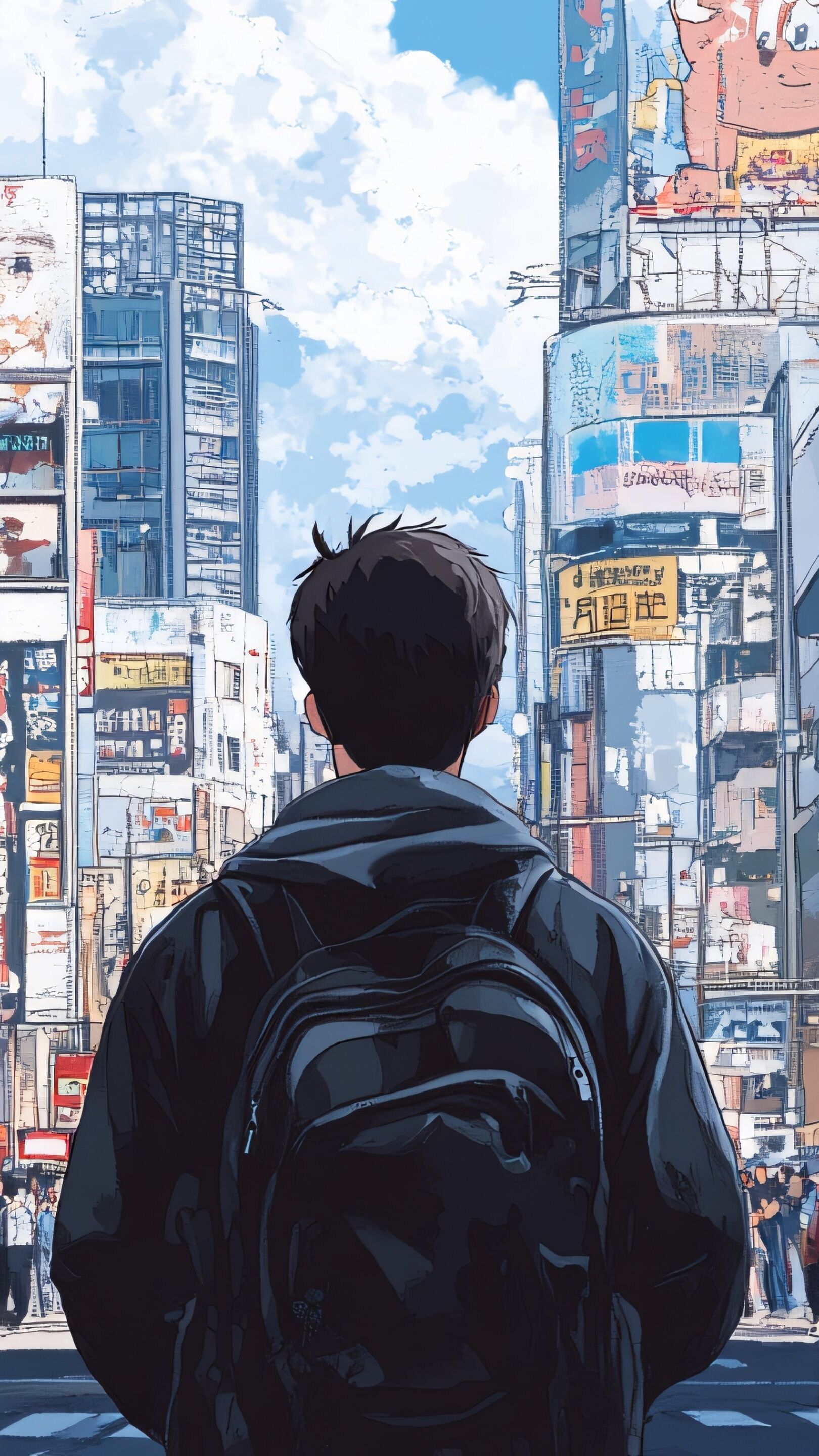 Lone Backpacker at Shibuya Crossing Under Neon Skies - backiee