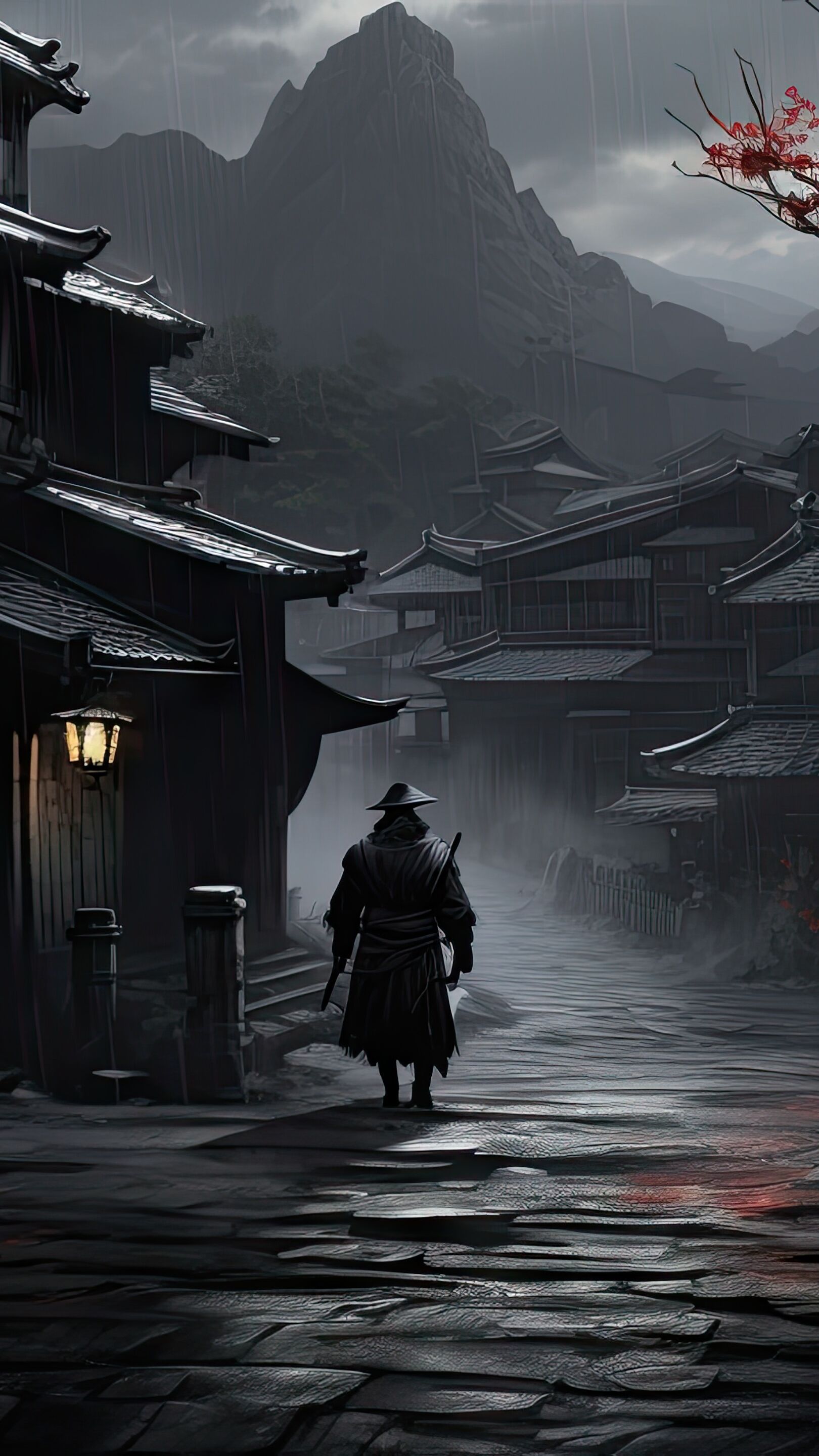 Lone Ninja Wanderer Through Rainlit Oriental Streets at Dusk - backiee