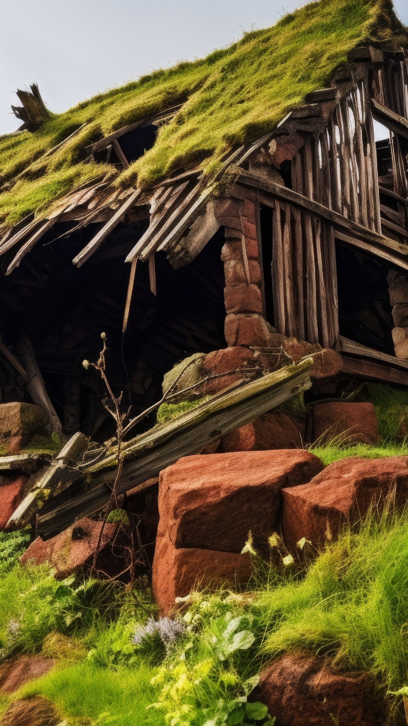 Forgotten Grass Roof Ruins on a Windy Hillside - backiee
