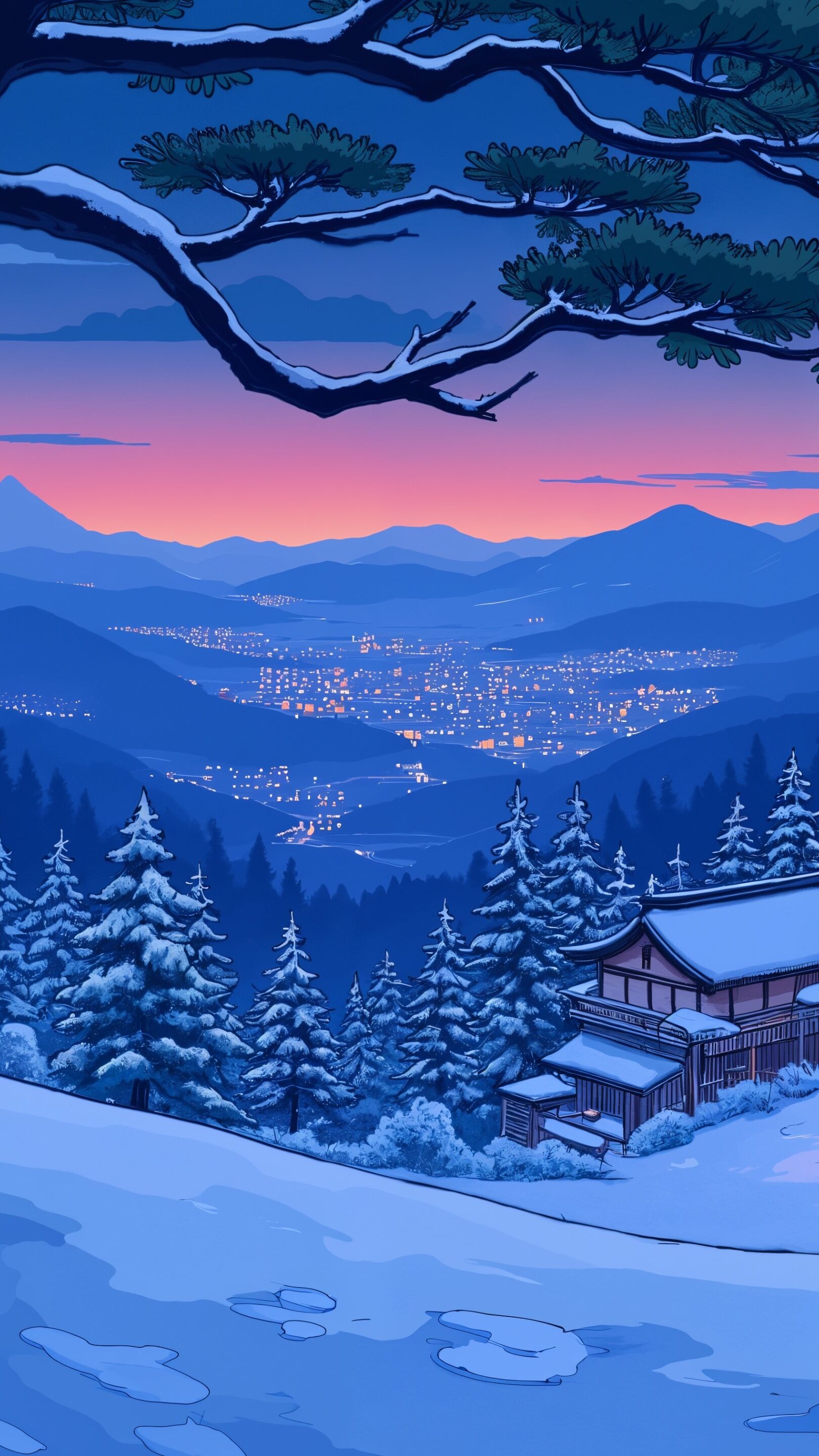 Serene Anime Winter Night Over Mountain Village in Japan - backiee