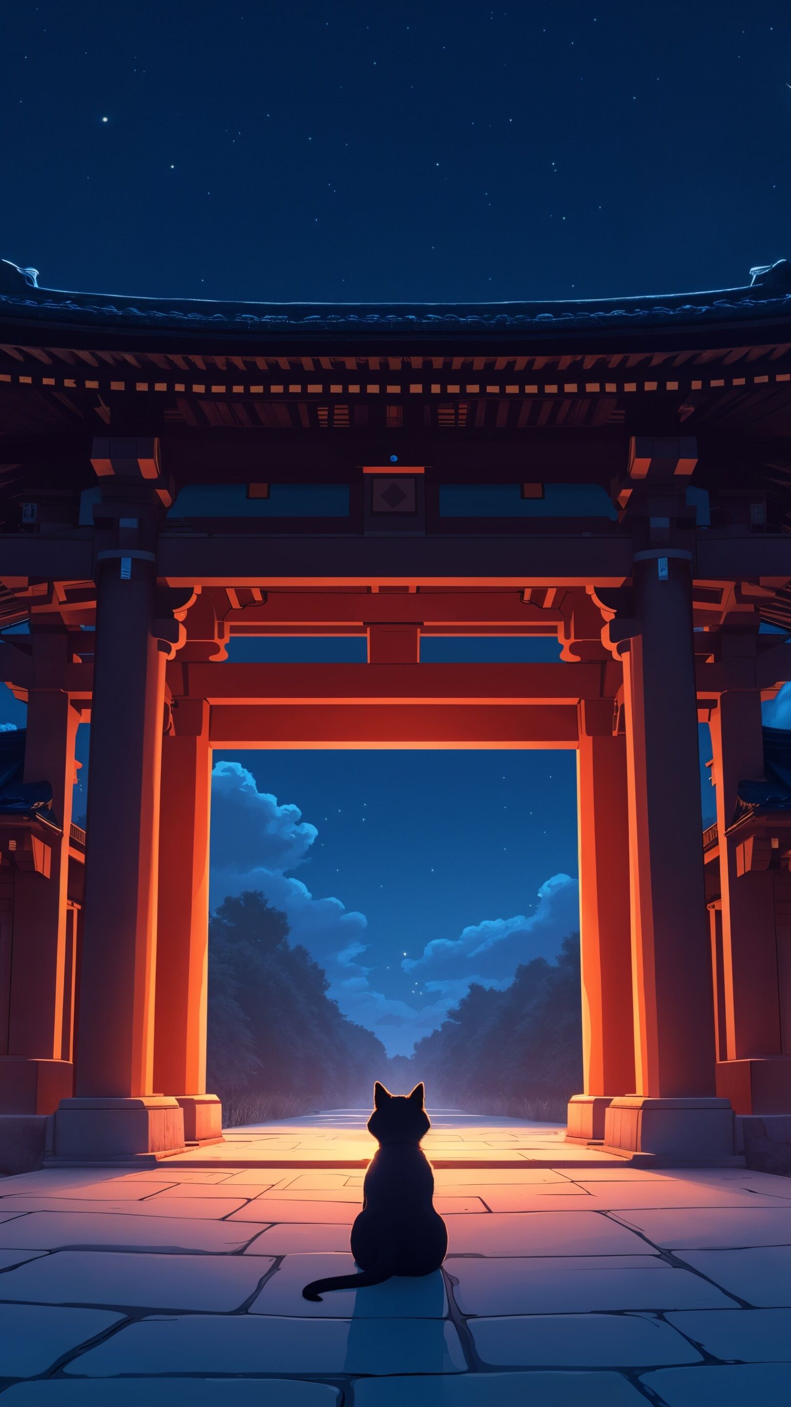 Moonlit Temple Gate with Lone Anime Cat at Dusk - backiee