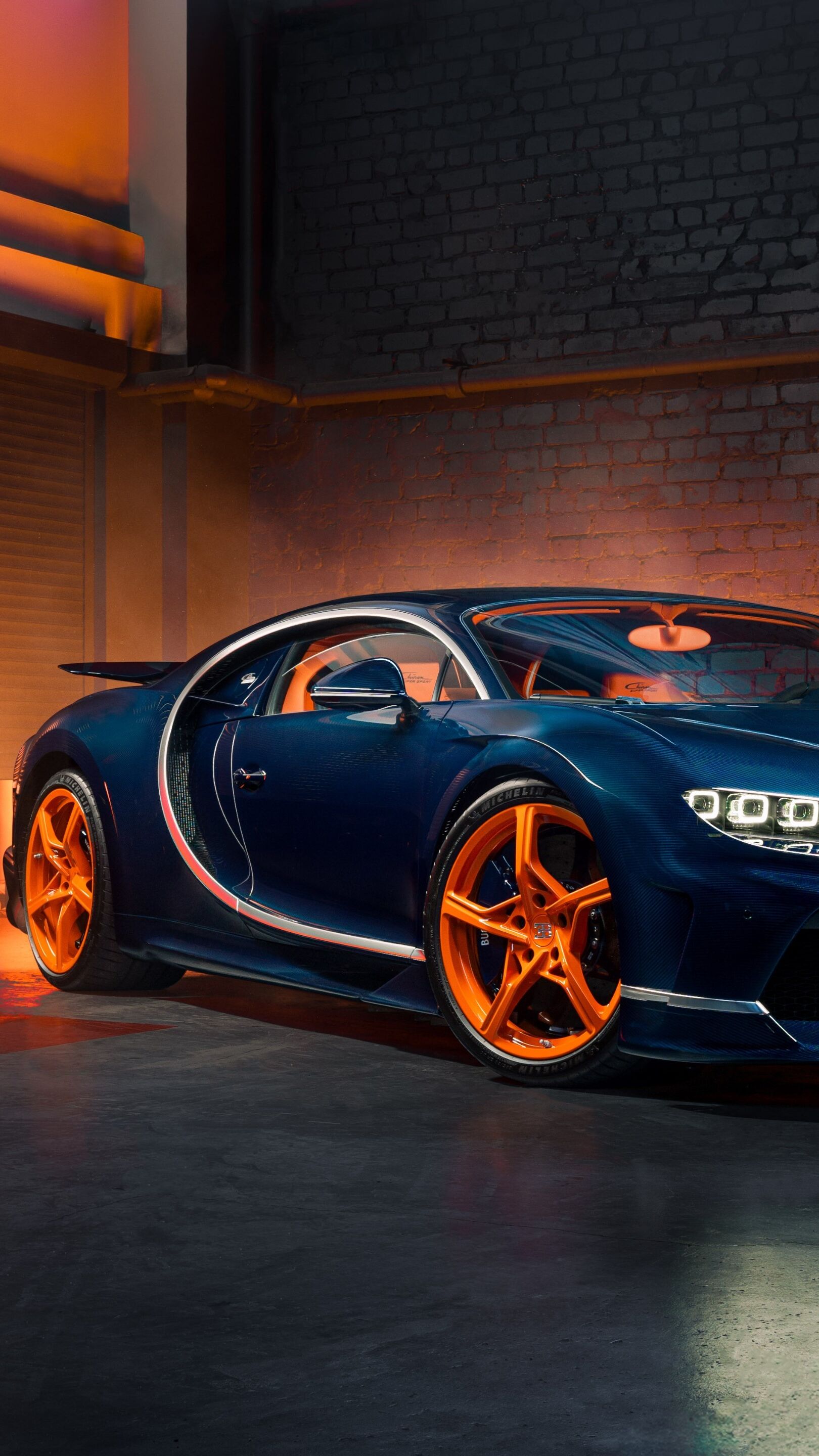 Midnight Bugatti Chiron in Neon Glow Garage Ambience 5K Wallpaper - backiee