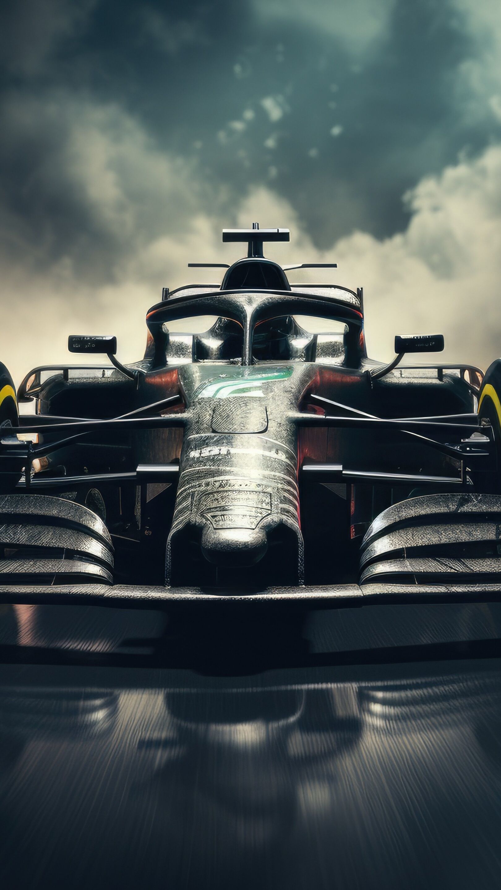 Stormlit Formula One Machine Charging Through Fire and Smoke - backiee