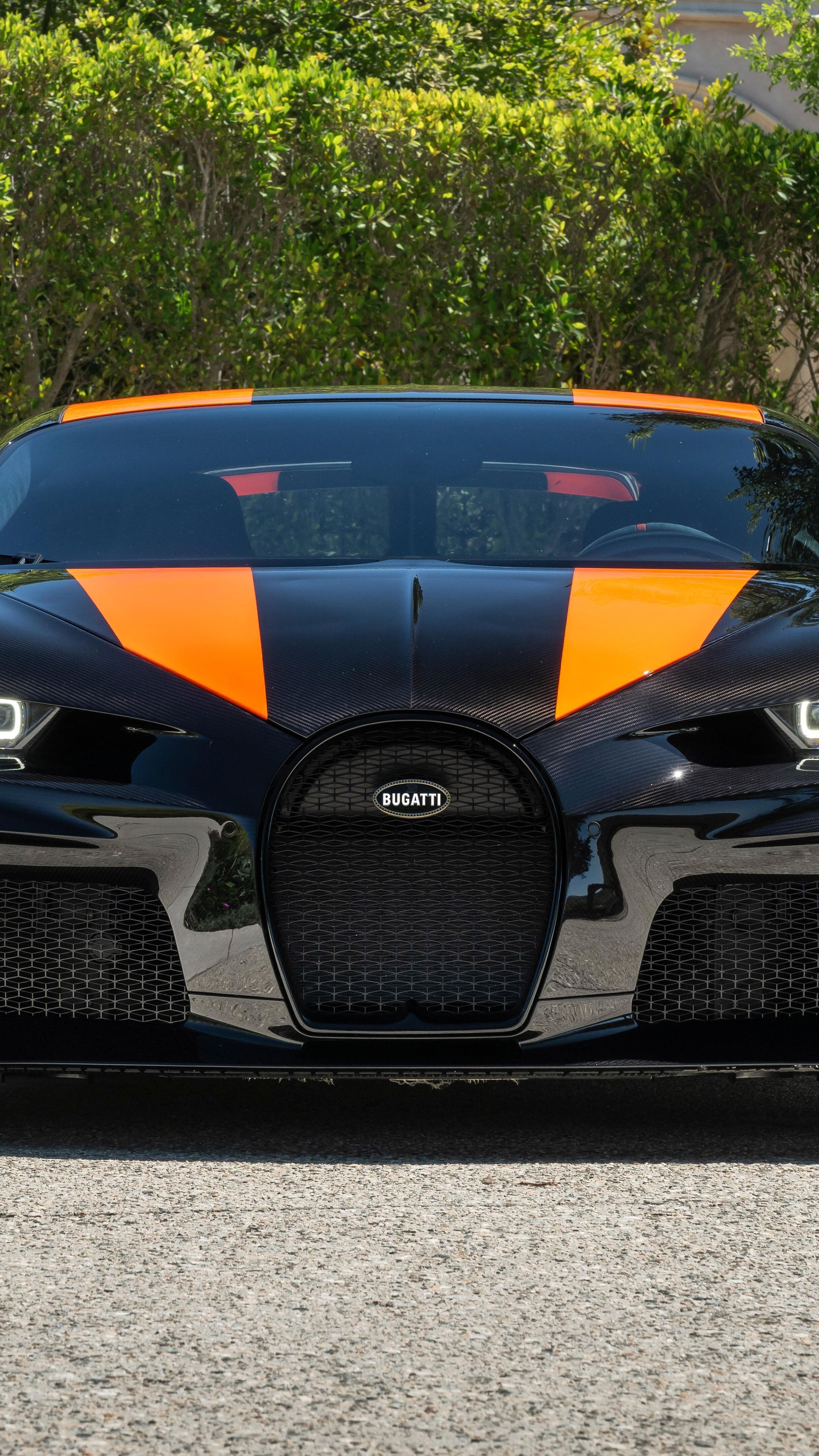 Bugatti Chiron Supercar in Black and Orange Front View - backiee
