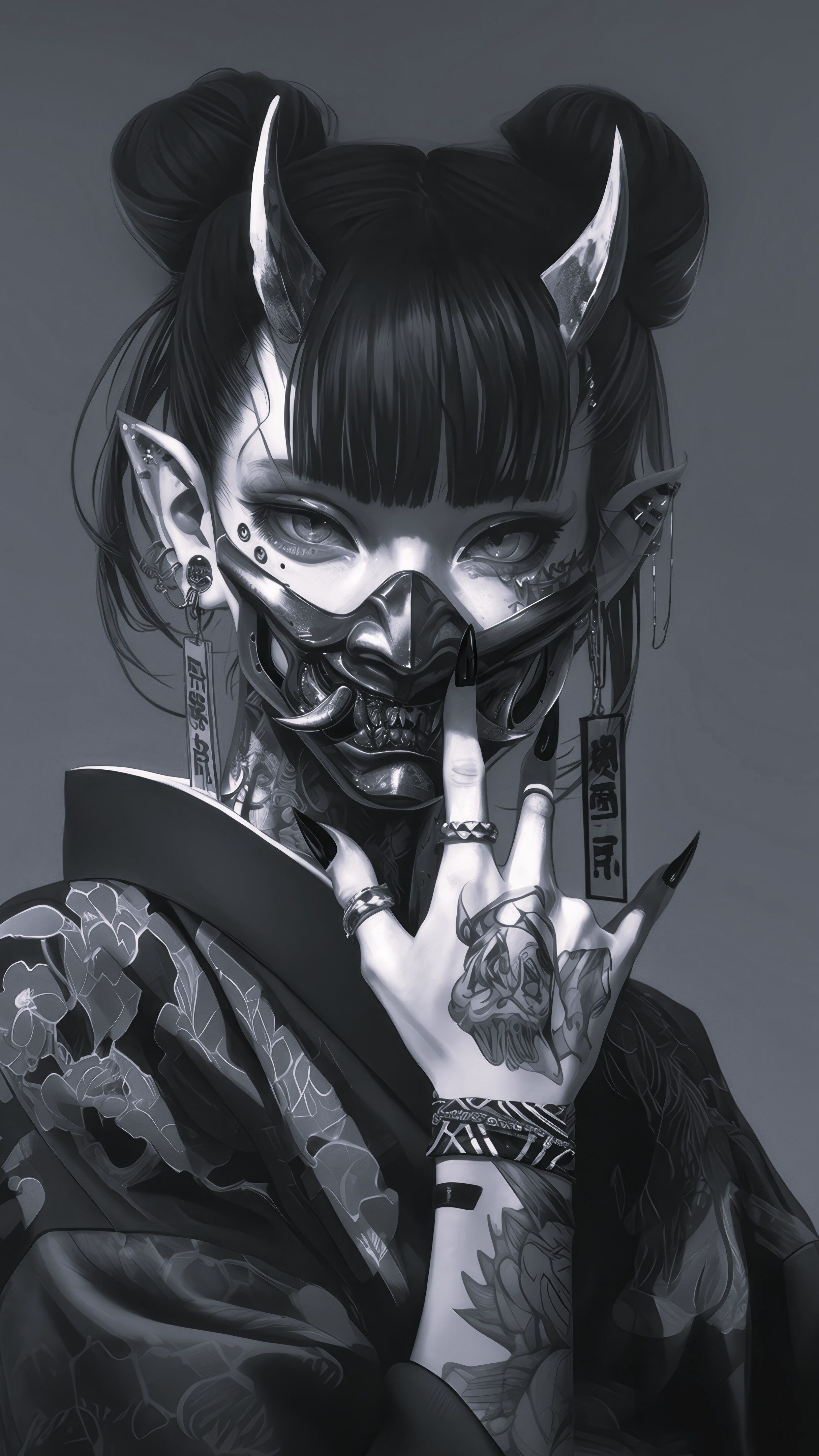 Monochrome Demon Horned Samurai Girl in Kimono Dark Fantasy - backiee