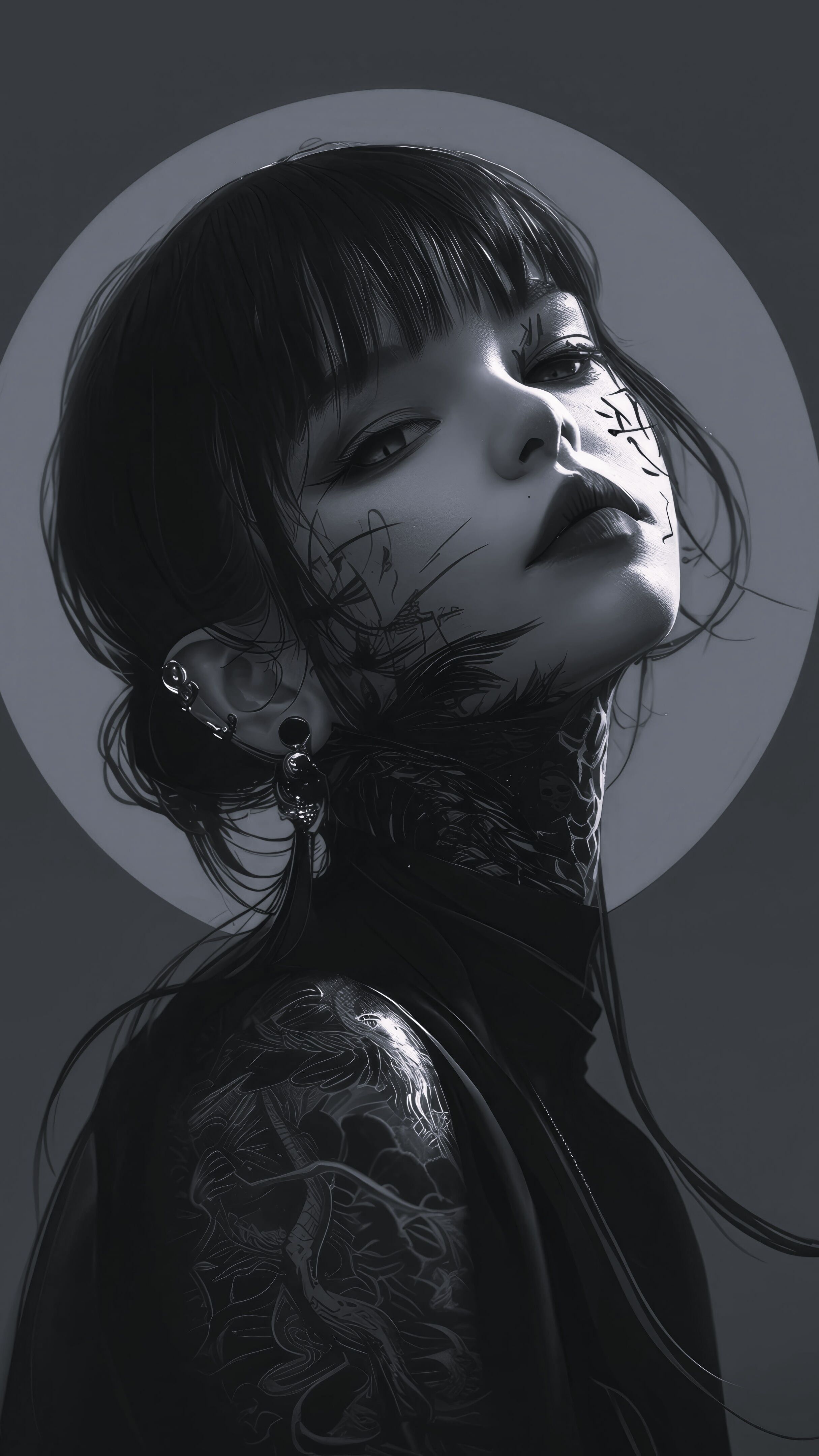 Monochrome Gothic Anime Girl with Tattoos in Shadowed Elegance - backiee
