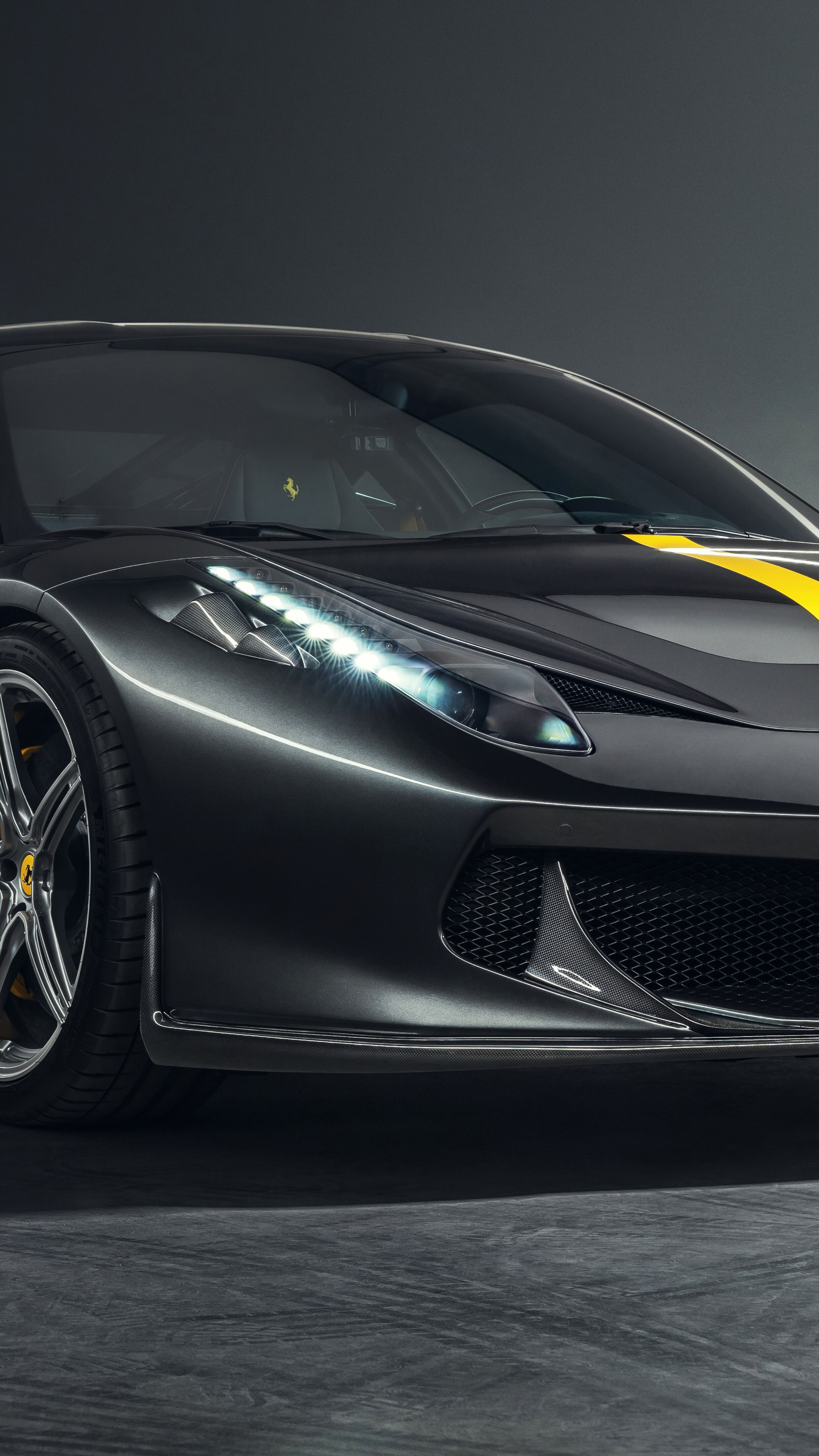 Stealth Ferrari 458 with Yellow Racing Stripe in Cinematic 8K - backiee